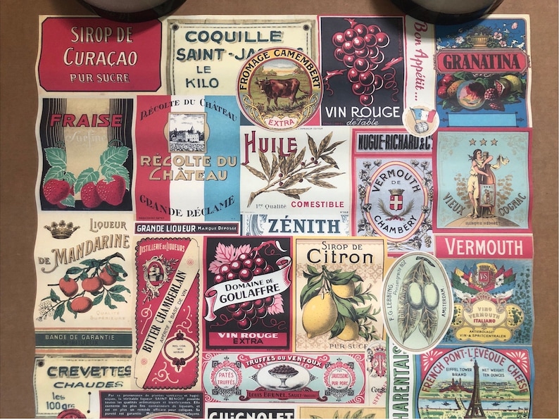 French Food Wine Alcohol Collage Poster Labels Pop Art Kitchen Culinary ...