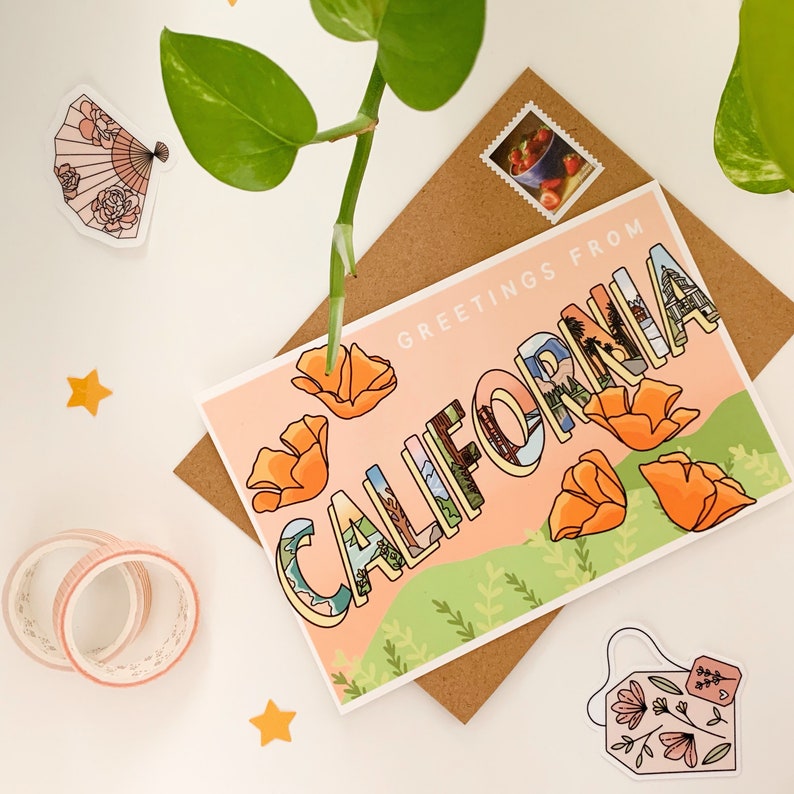 California Postcard A6 Art Print Travel Art California Art | Etsy