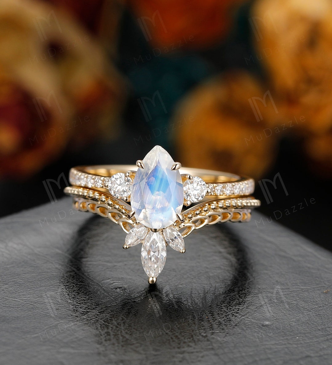 Moonstone Promise Ring Set// Cluster Engagement Ring Set Rose Gold ...