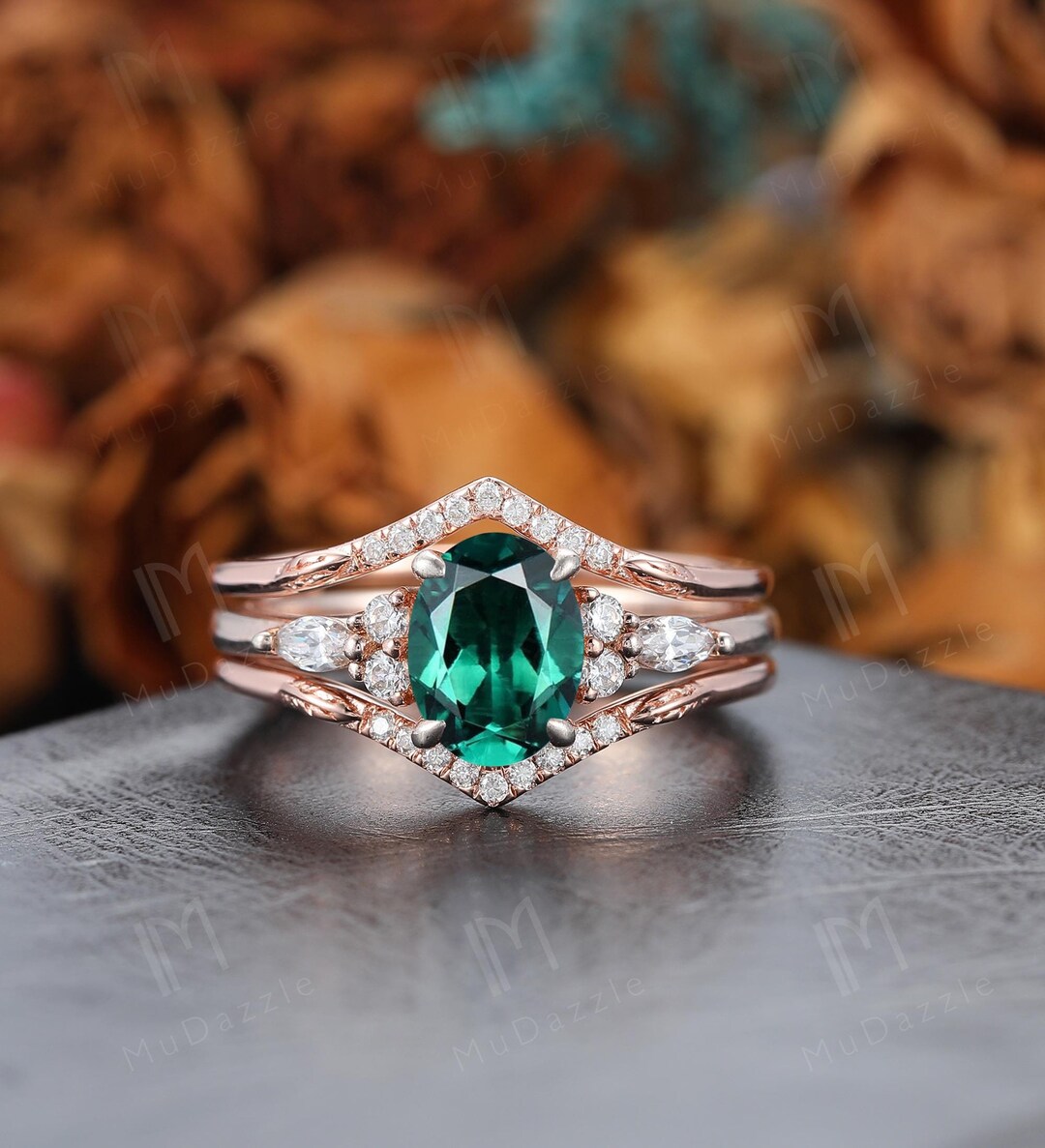 Danity Emerald Bridal Sets Women Rose Gold Moissanite Diamond Ring ...