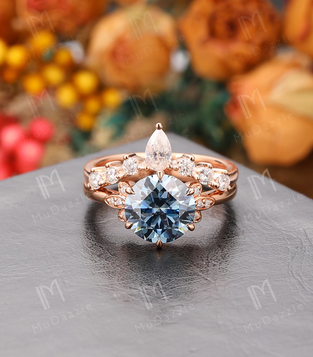 Blue Moissanite Bridal Sets 14k Solid Gold// 2.0ct 8mm Round Cut Grey ...
