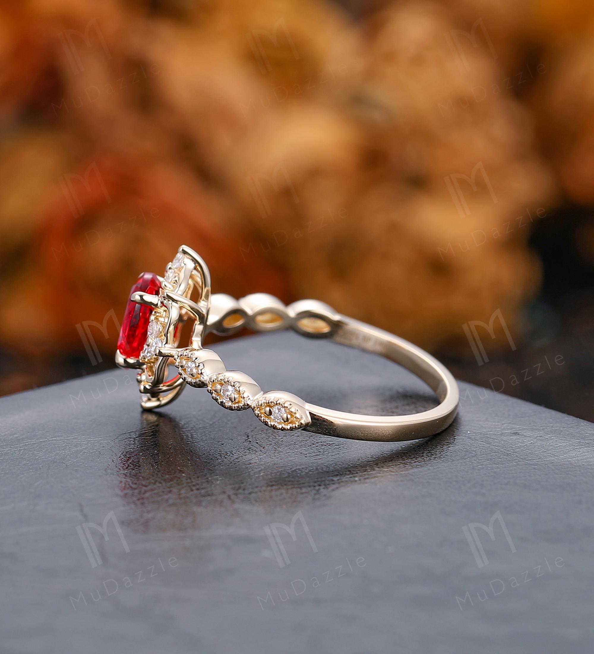 Red Ruby Anniversary Rings for Women// Antique 1.0CT Oval Cut Ruby ...