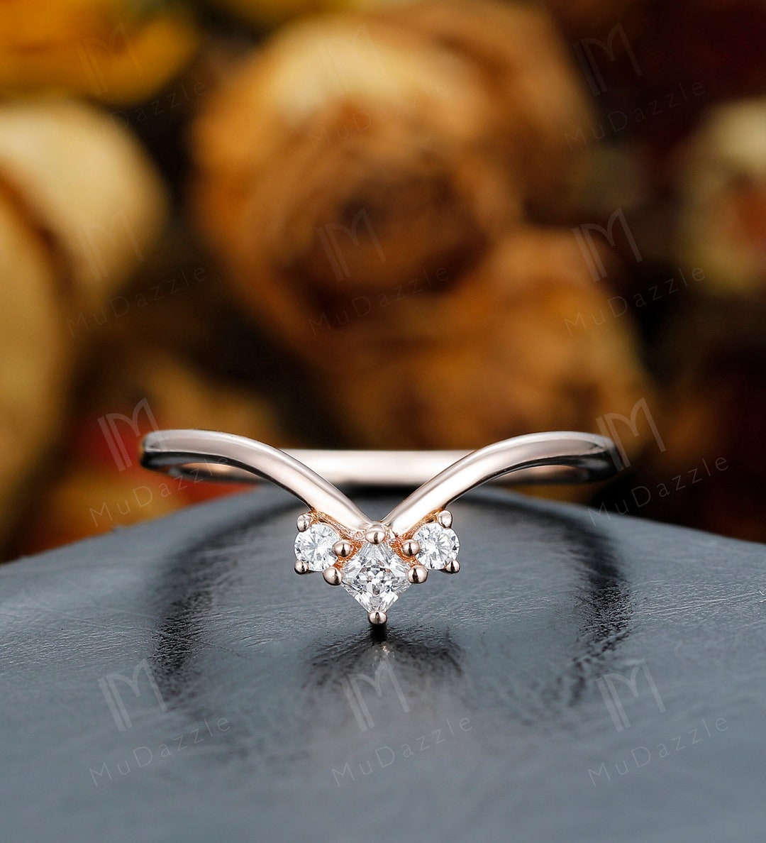 Solid Gold Royal Curve Ring Dainty V Shaped Chevron Ring Princess Cut ...