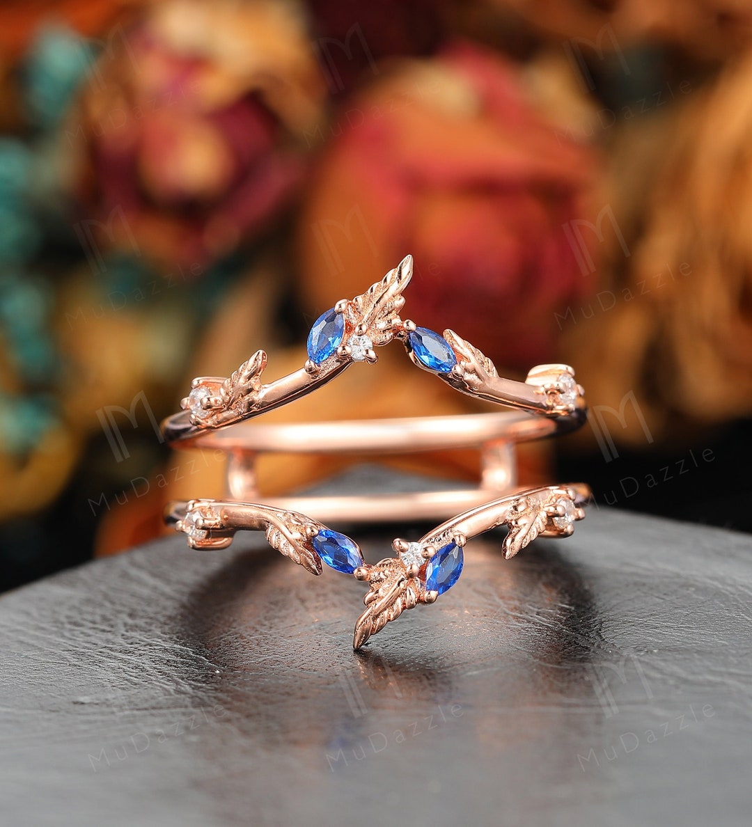 Rose Gold Leaf Ring Enhancer: Marquise Lab Sapphire, Moissanite Bridal ...