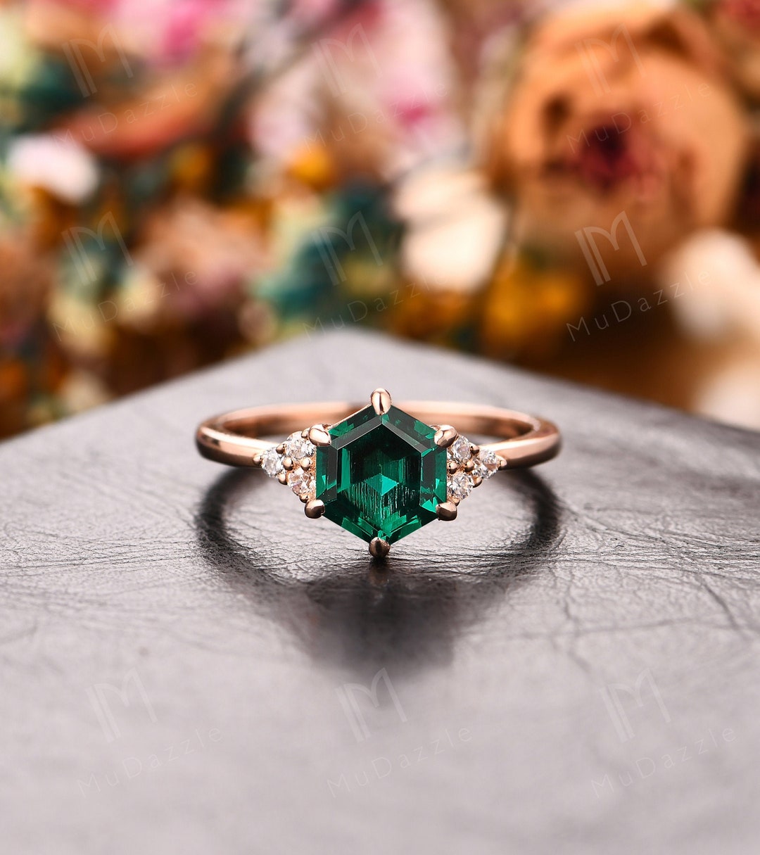 Pointed Prong Set 7mm Hexagon Cut Emerald Engagement Emerald Wedding ...