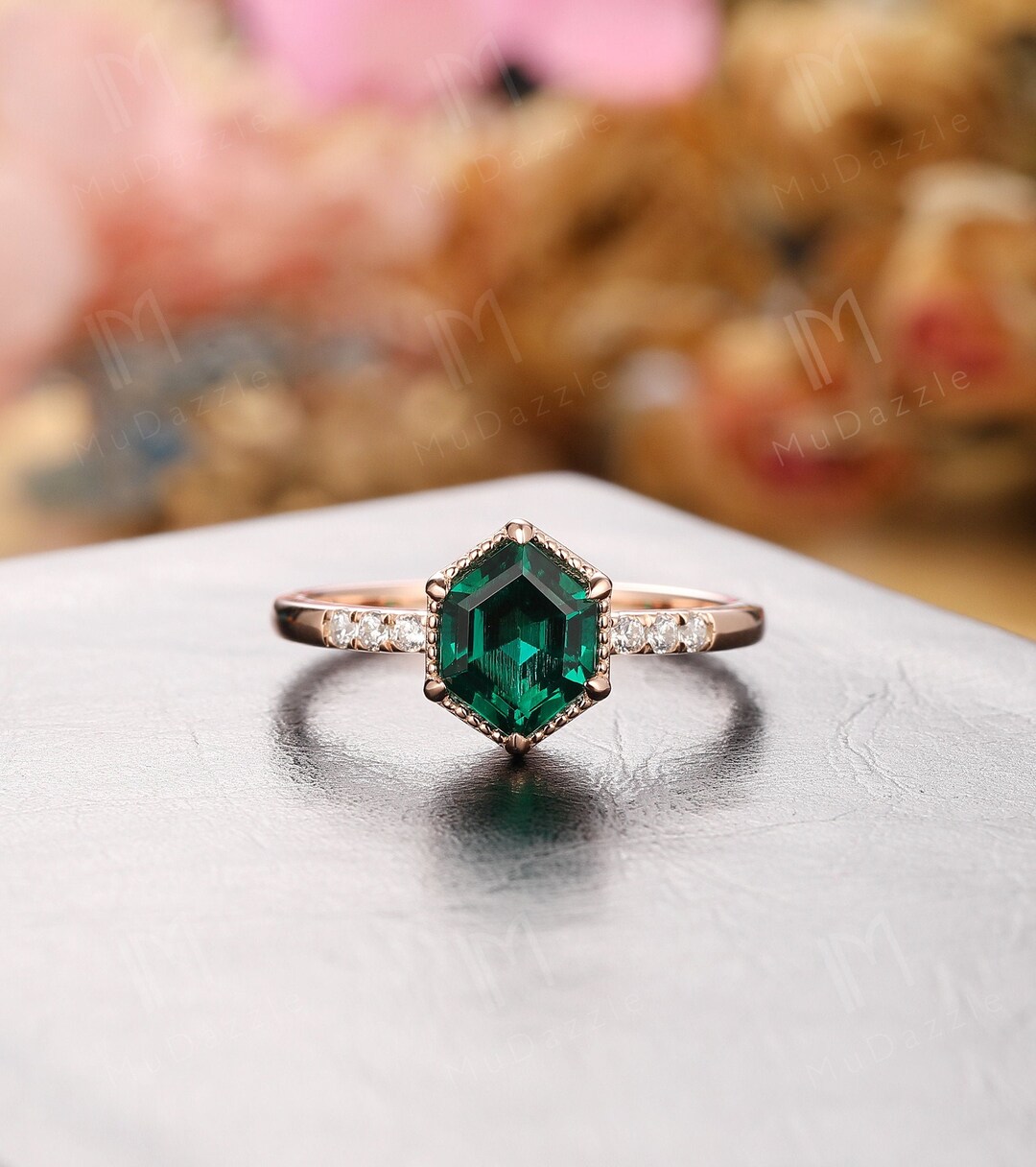 14k Rose Gold Long Hexagon Cut Emerald Women's Ring/ Black Rutilated ...