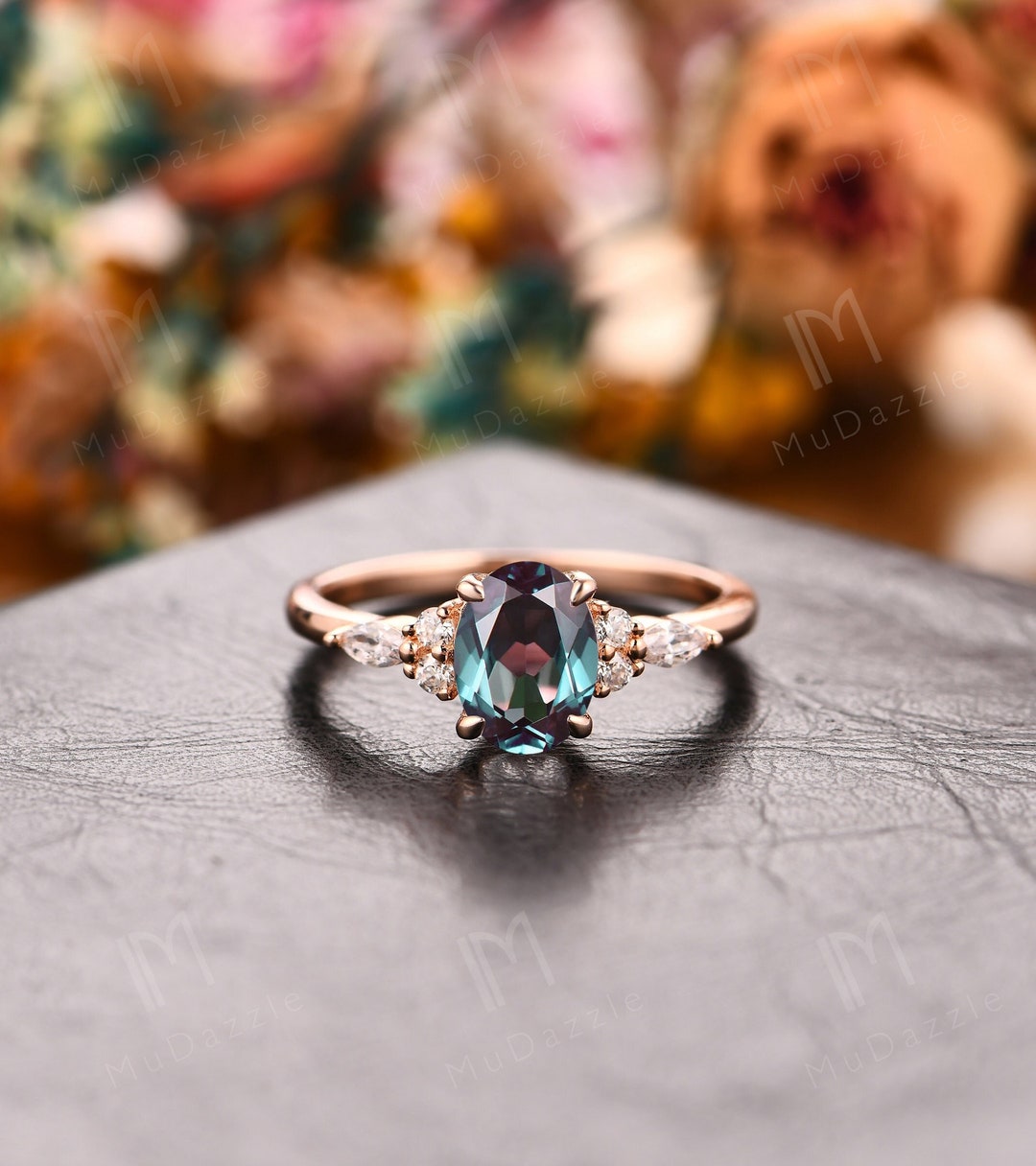 Handmade 14k Gold Alexandrite Ring, Oval 6x8mm, Simulated Diamond ...