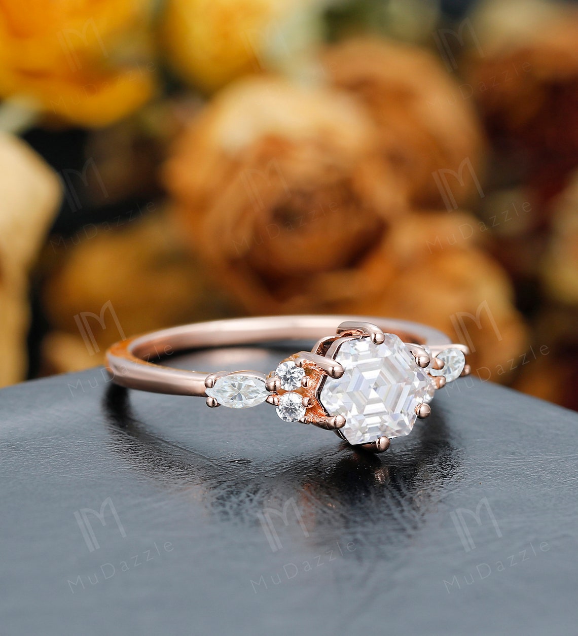 Handmade Rose Gold Moissanite Engagement Ring: Hexagon Cut Cluster - Etsy