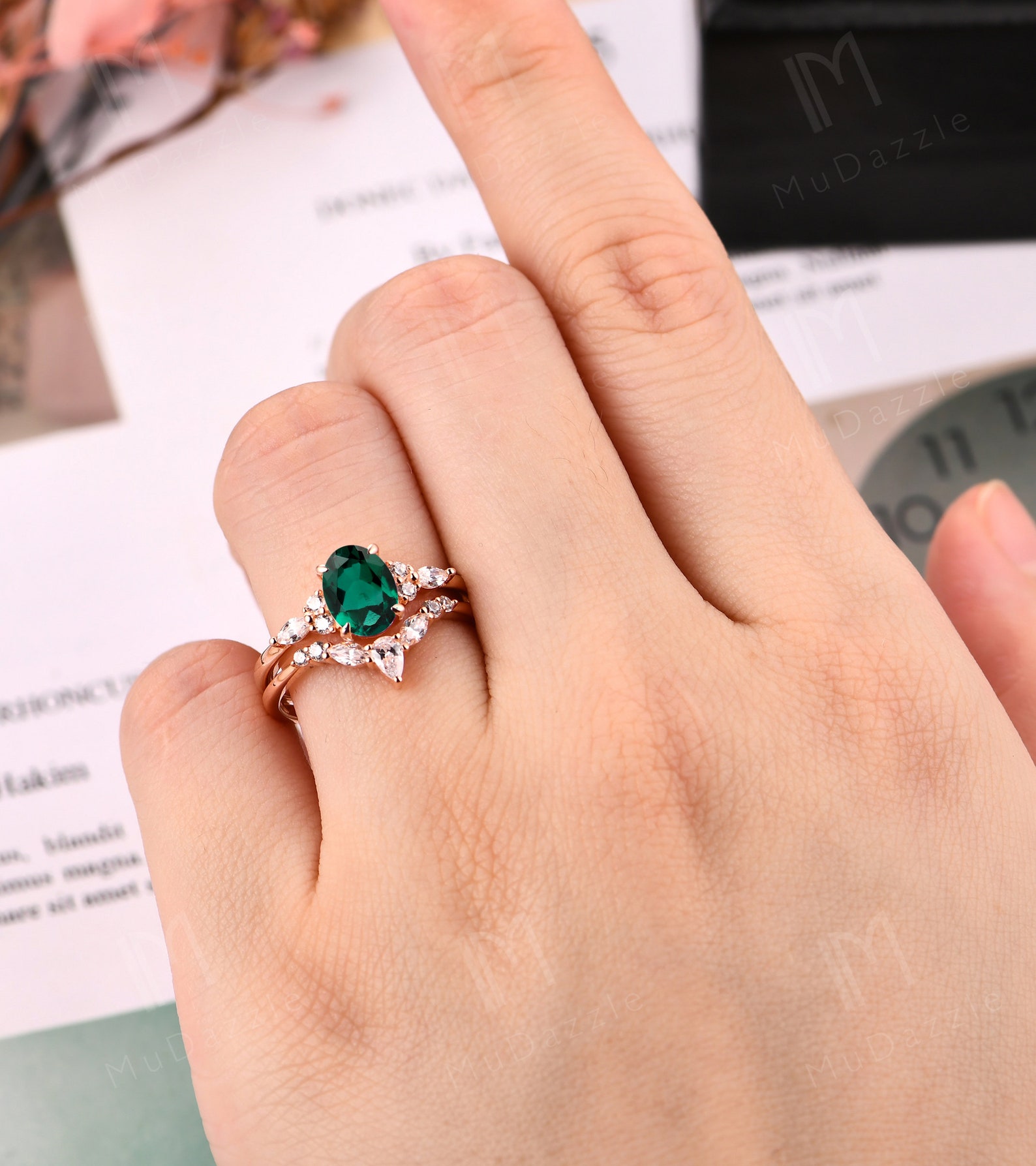 Green Gemstone Bridal Set// Emerald Proposal Ring for Girl// - Etsy