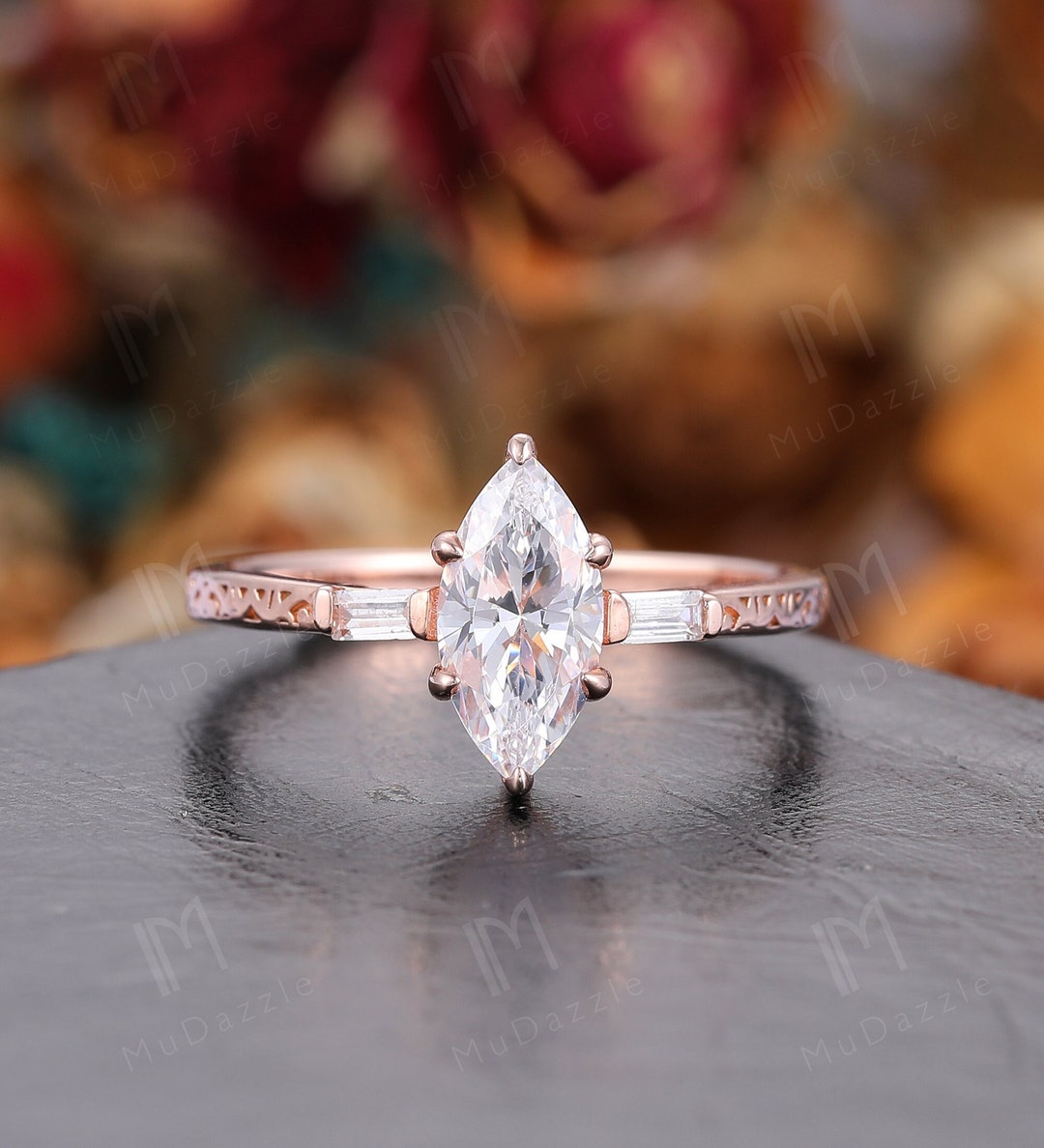 Handmade Marquise Moissanite Engagement Ring, 14k Solid Gold Filigree ...