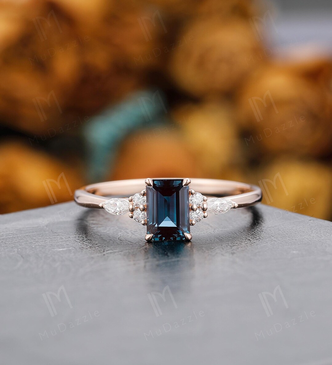 Prong Set Emerald Cut Blue Alexandrite Ring Solid Gold Antique ...