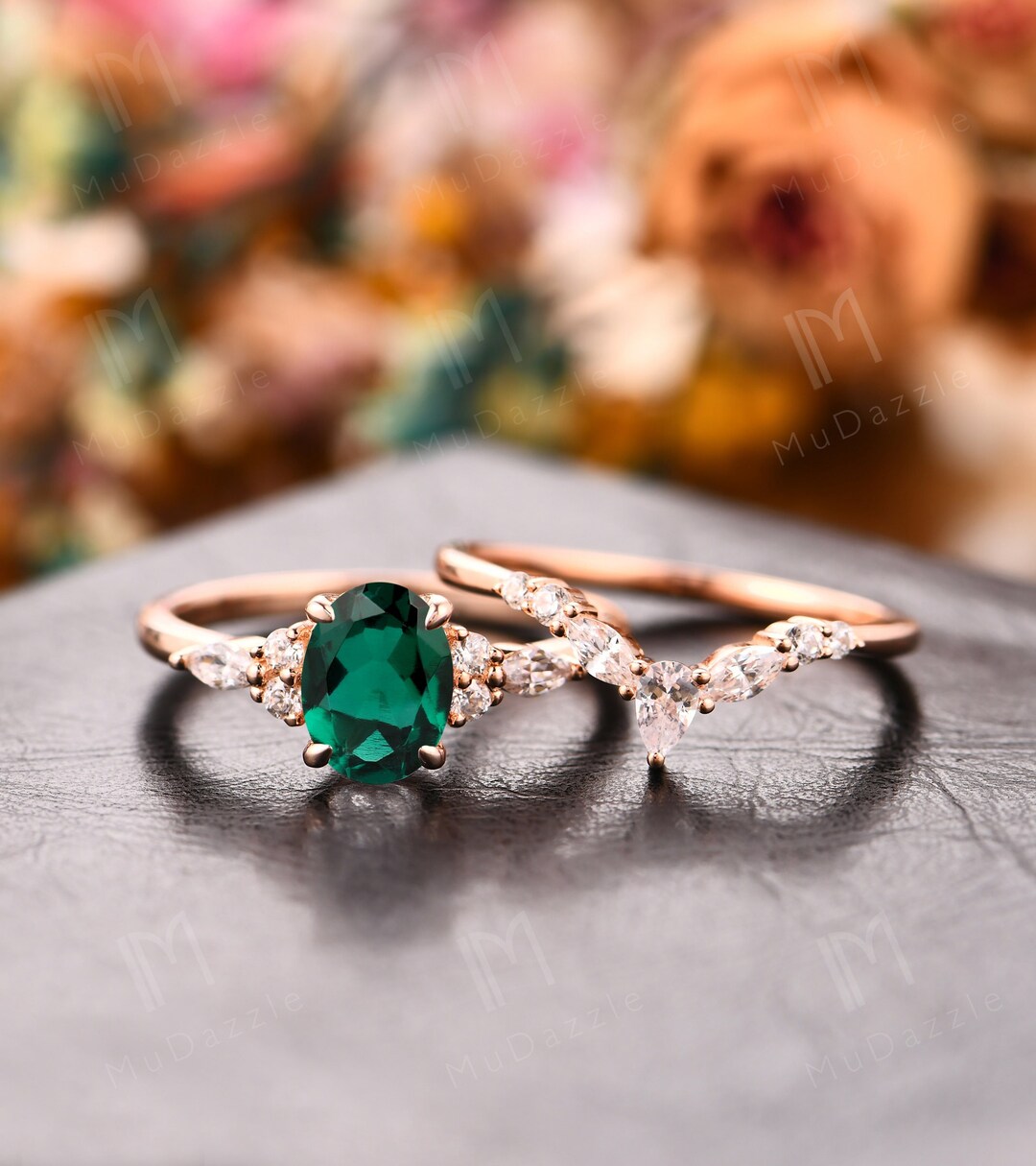 Vintage Oval 1.5CT Emerald Ring Set// Rose Gold Emerald Proposal Ring ...