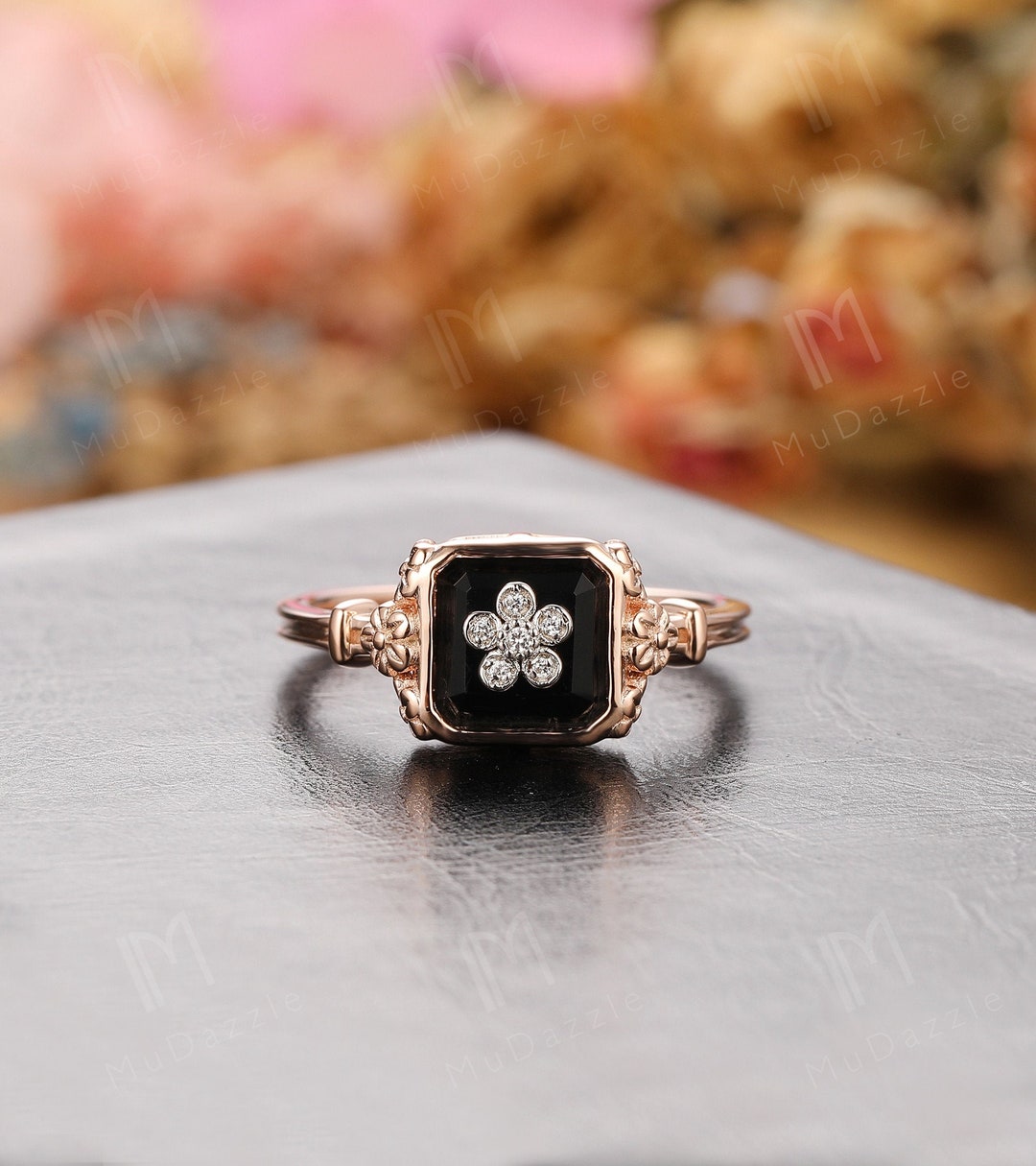 Black Onyx Ring, Princess Cut Agate, 14k Rose Gold Promise Ring - Etsy