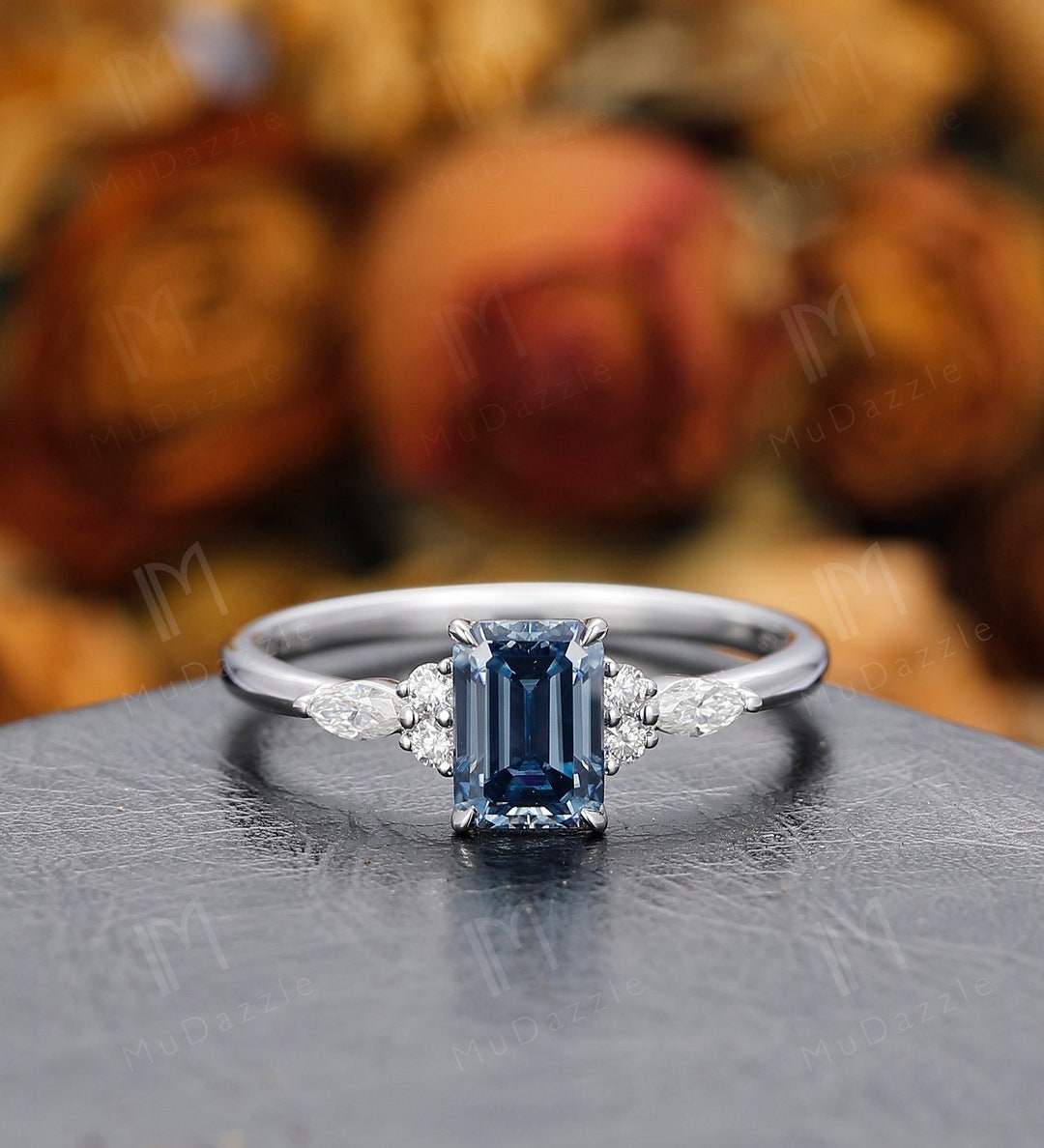 Art Deco Blue-grey Moissanite Engagement Ring, Emerald Cut, Gold - Etsy