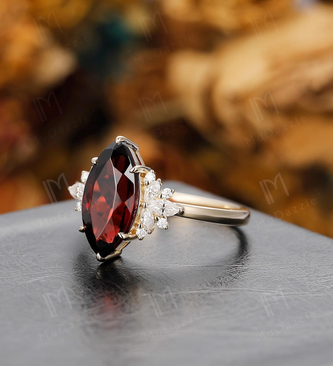 Vintage Marquise Garnet Engagement Ring, 14K Solid Gold, Handmade ...