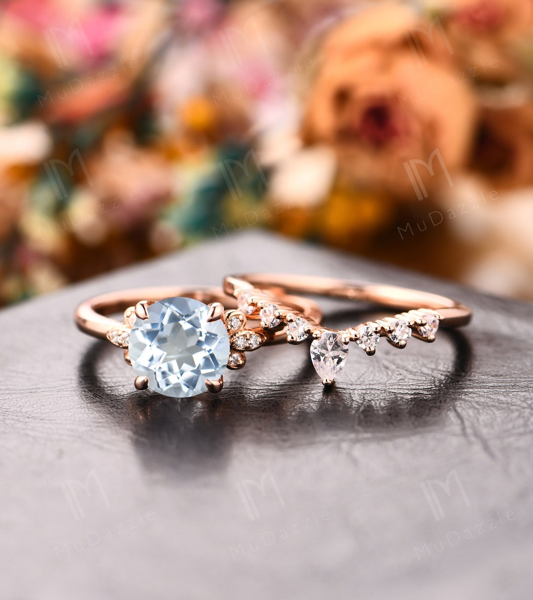 Light Blue Gem Ring Set// Dainty Bridal Set// 8mm Round Cut Aquamarine ...