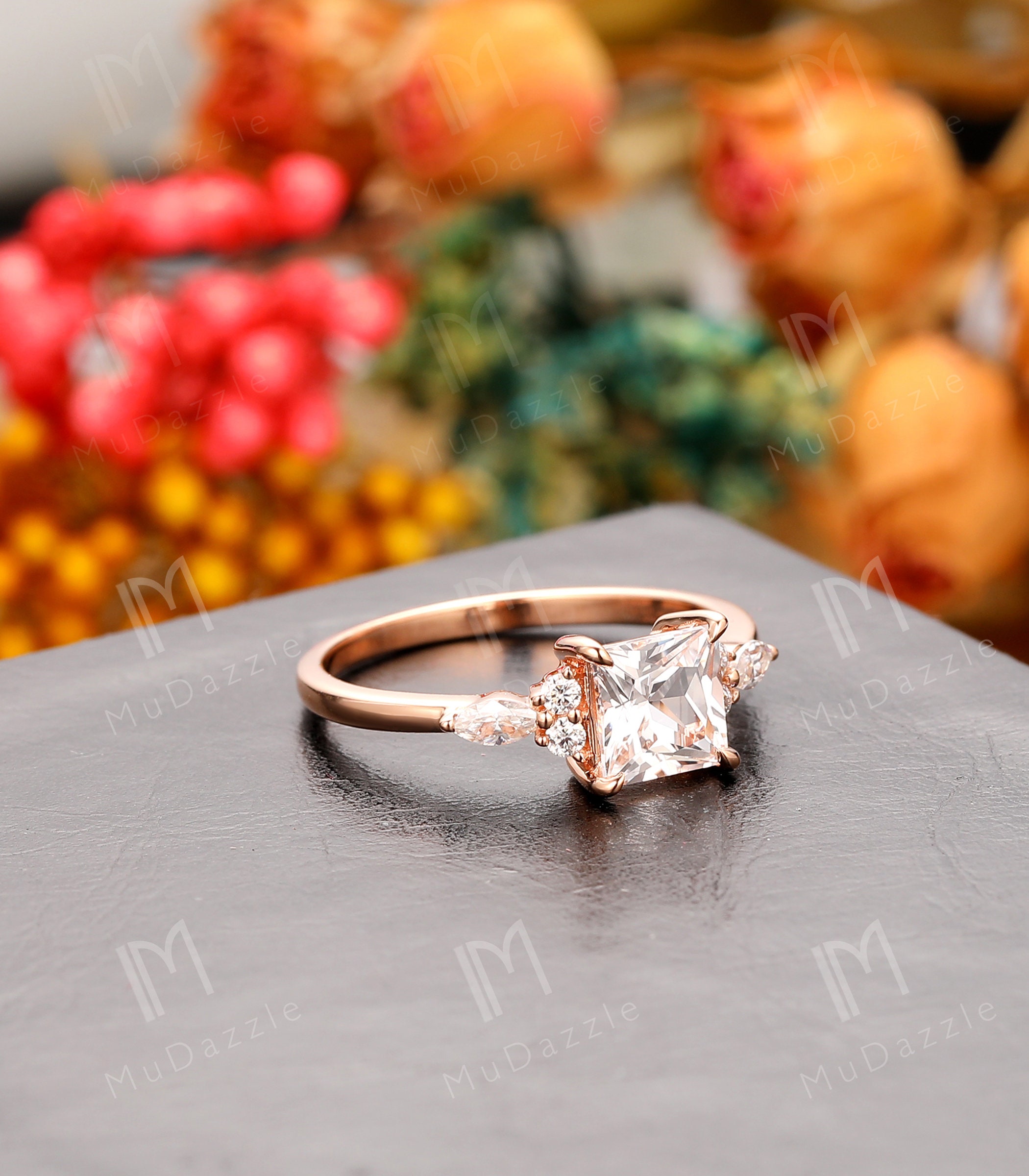 White Sapphire Ring 6mm Princess Cut White Sapphire Engagement Ring Rose Gold Antique Ring White Gemstone Women s Ring Proposal Ring