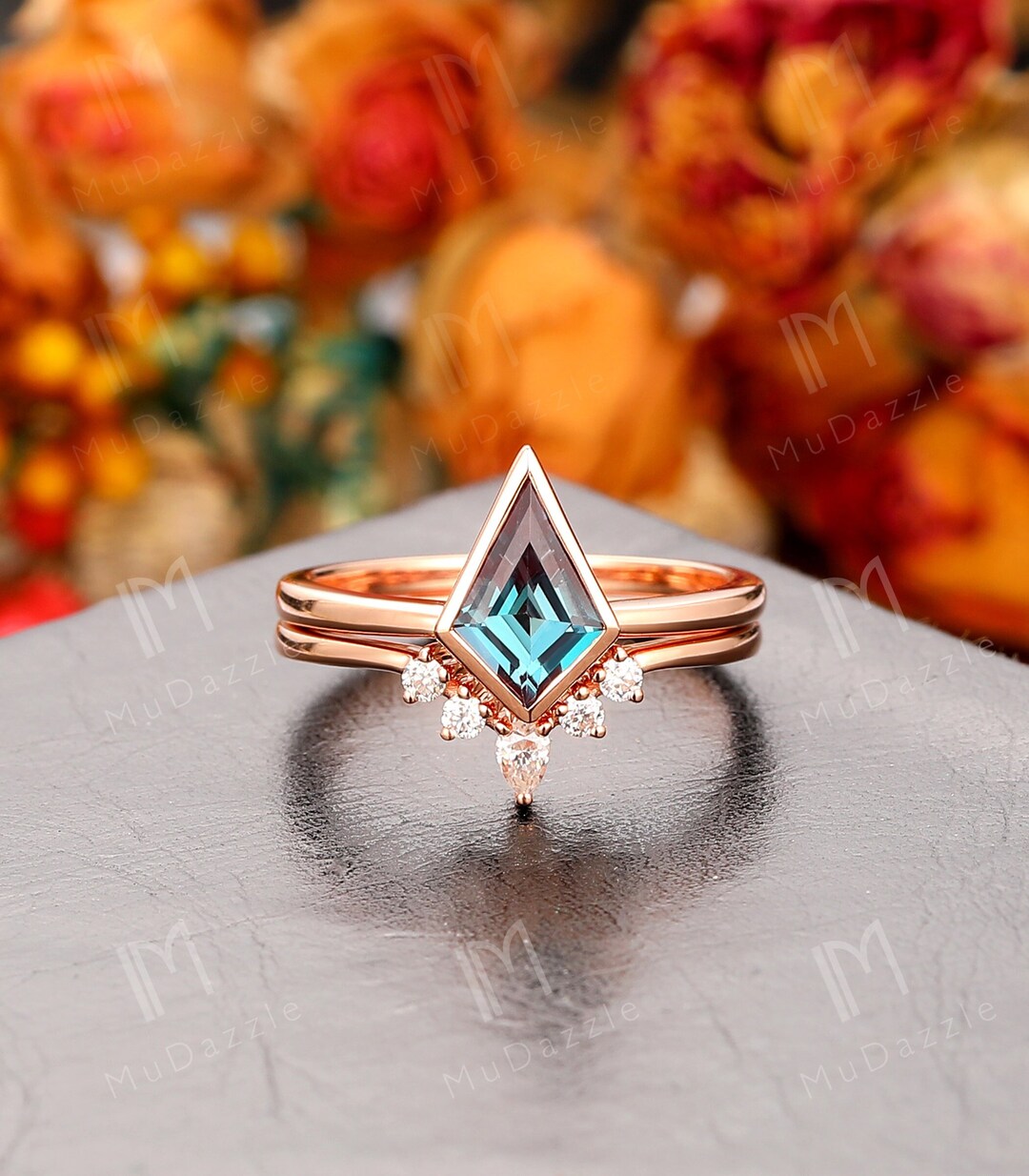 Tiara Diamond Promise Ring Set// 6x9mm Bezel Set Kite Shape Alexandrite ...