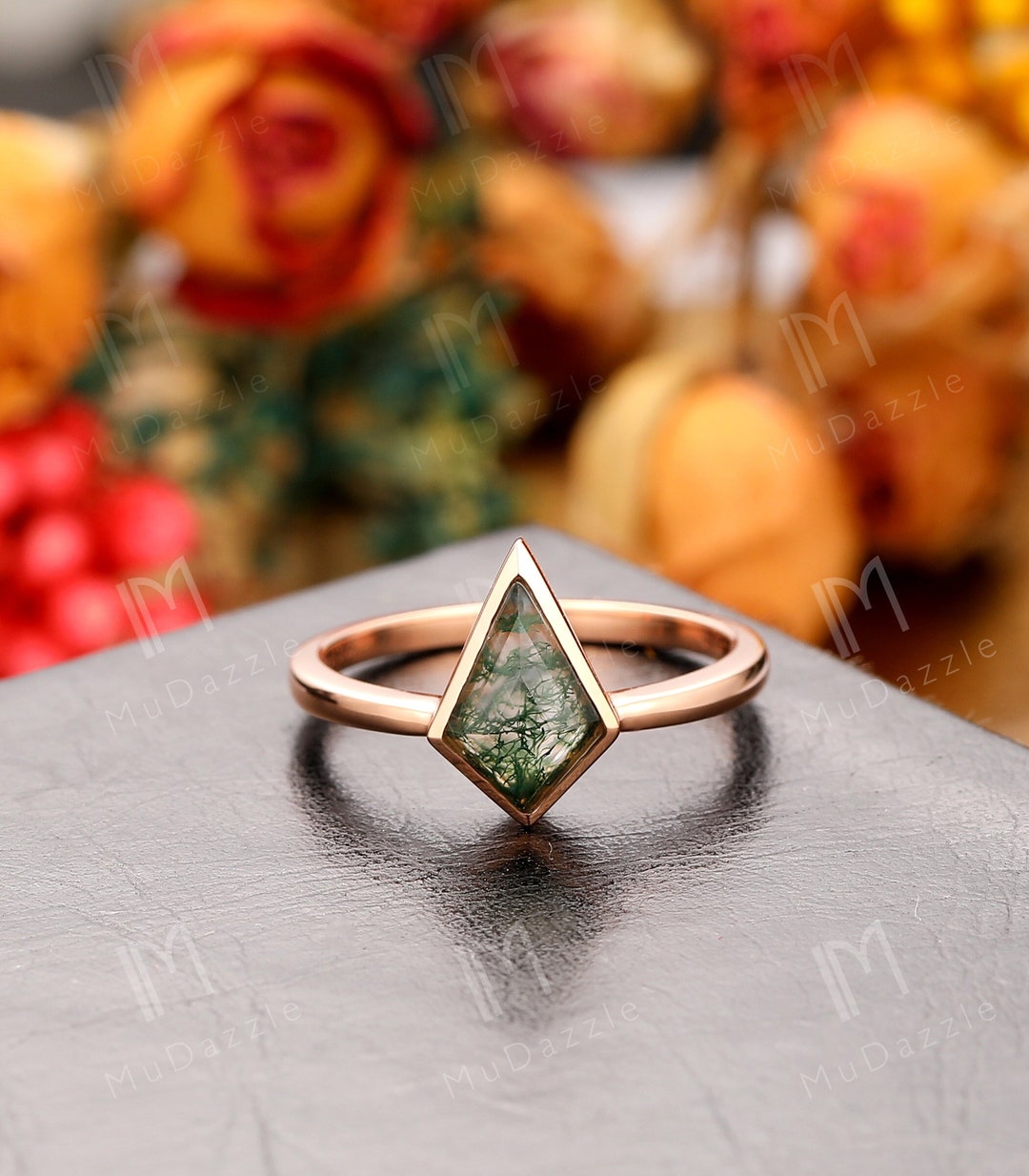 Kite Cut Bezel Set Natural Moss Agate Bridal Ring// Rose Gold Promise ...