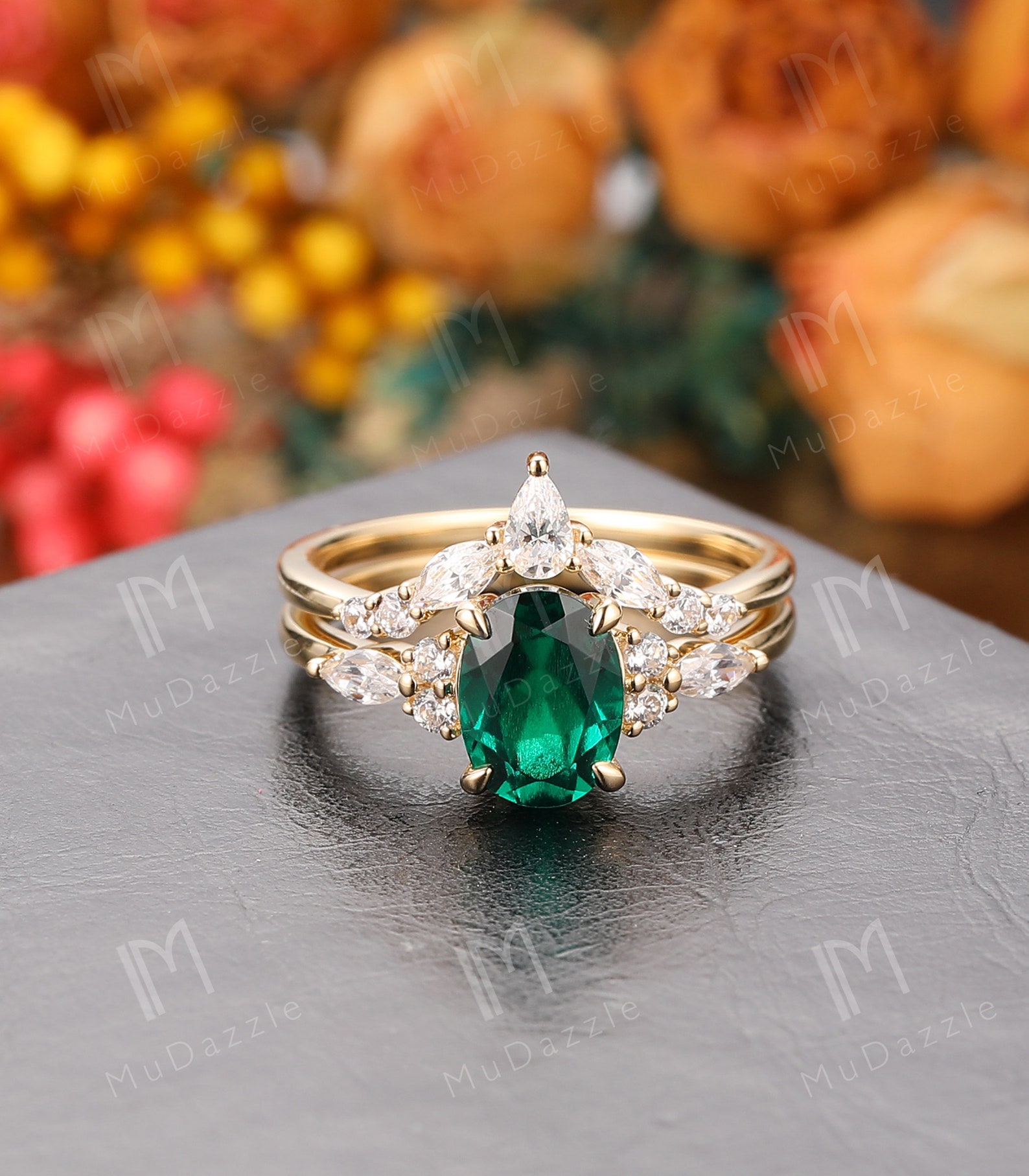 Green Gemstone Bridal Set// Emerald Proposal Ring for Girl// - Etsy