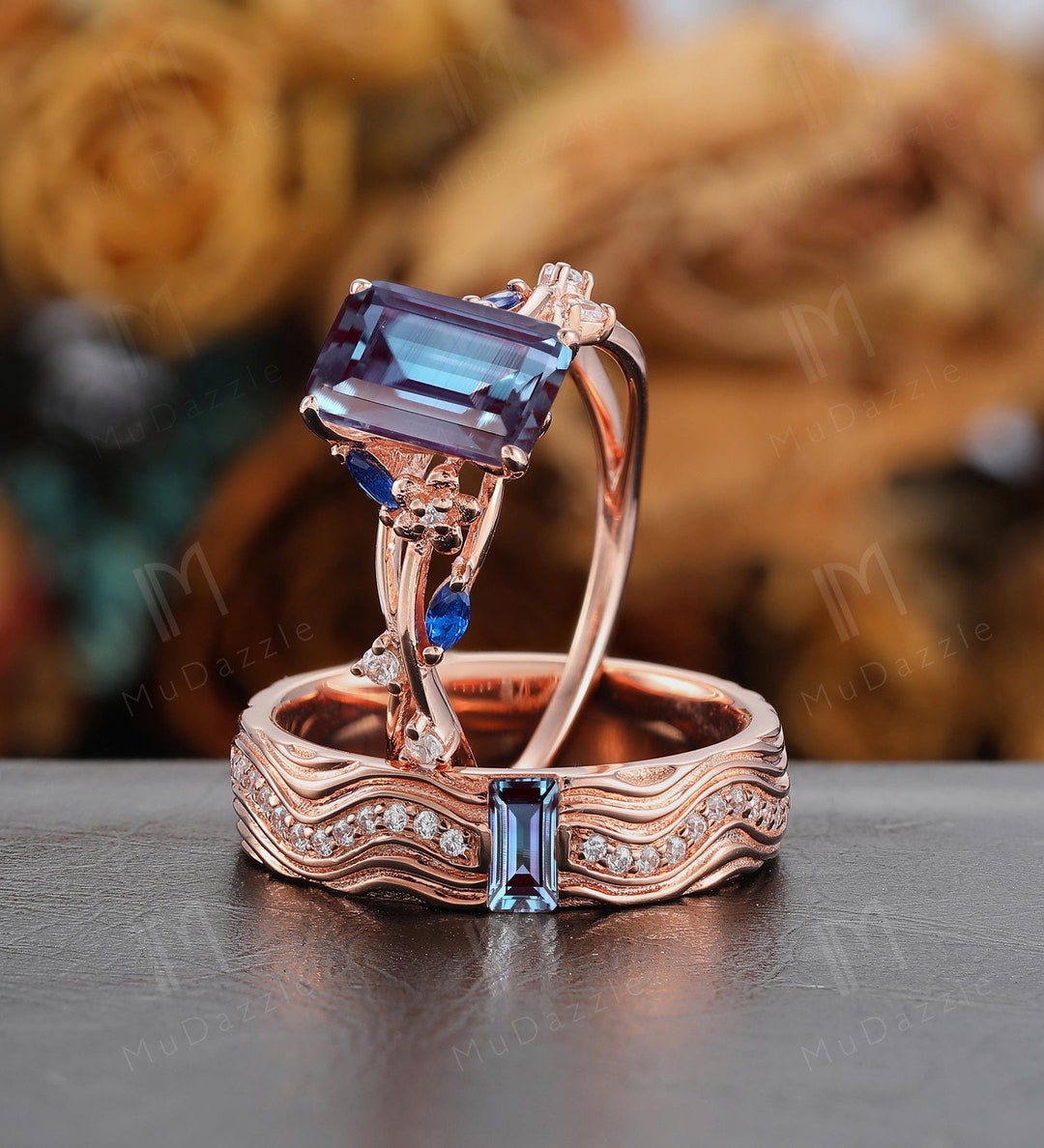 His and Hers 2pc Couple Rings Vermeil Rose Gold Alexandrite Engagement ...