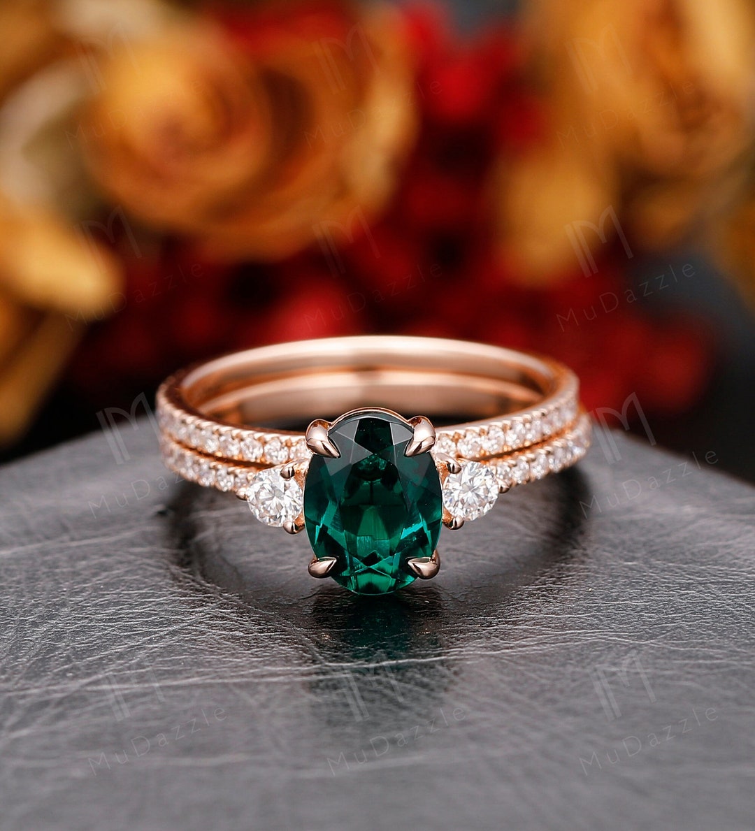 Emerald Bridal Set// Vintage 1.5CT Oval Cut Green Emerald Engagement ...