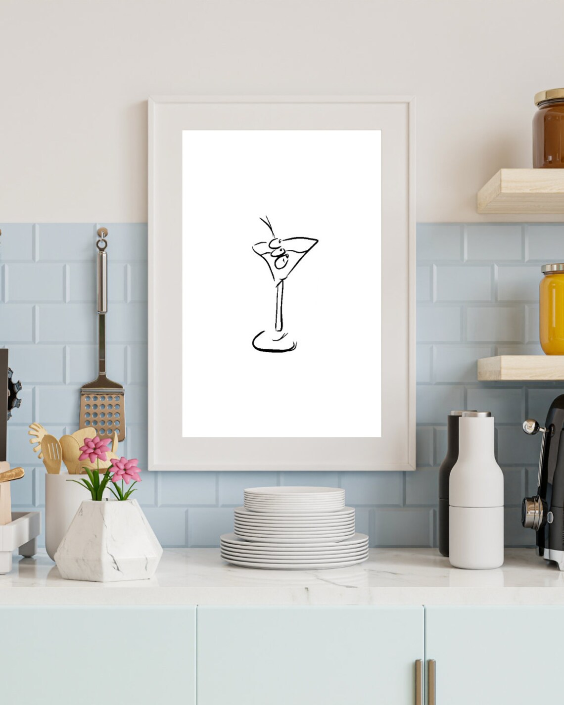 Cocktail Line Drawing Original Art Wall Print Poster Martini Happy Hour ...