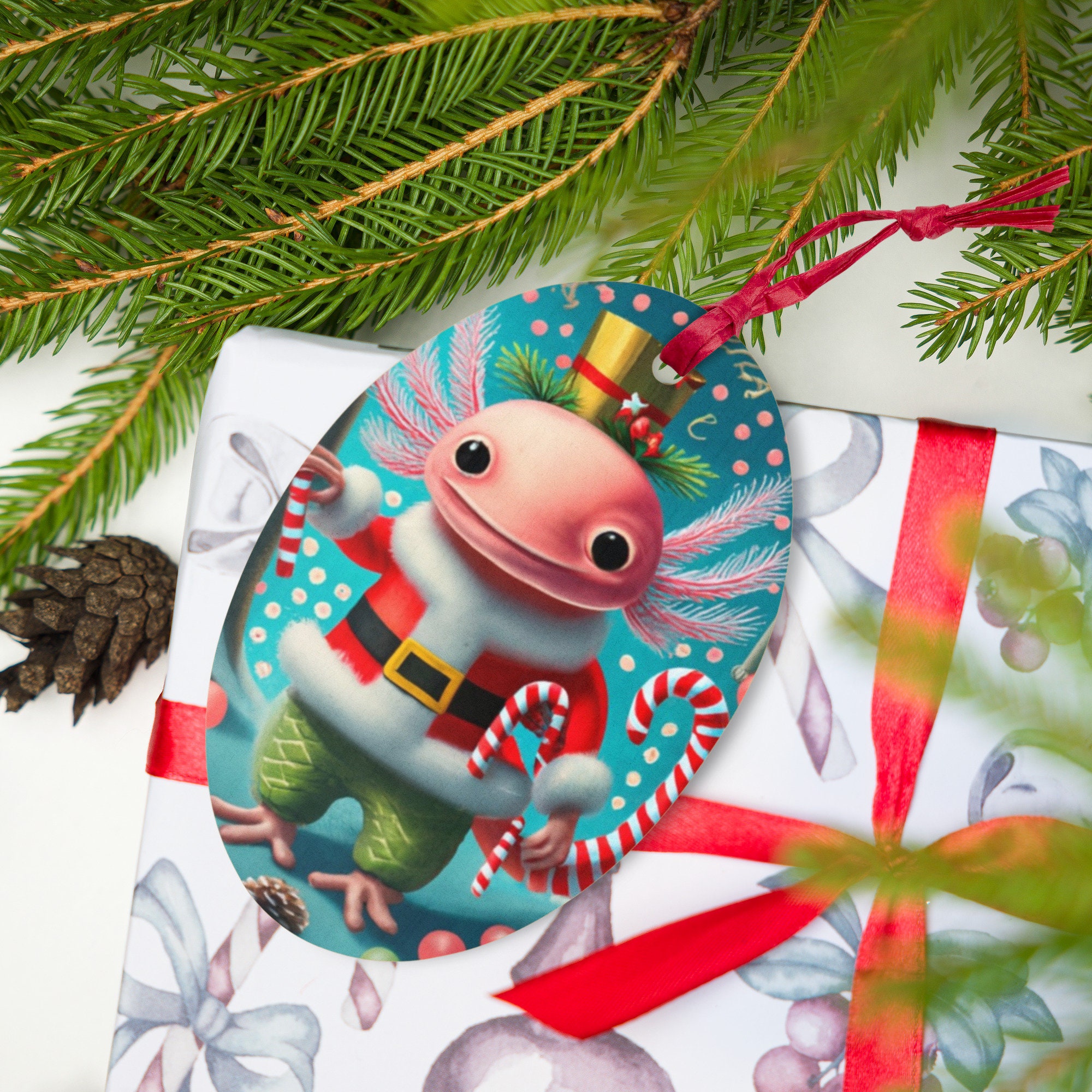 Festive Christmas Axolotl Wooden Oval Ornament, Christmas Tree Ornament ...