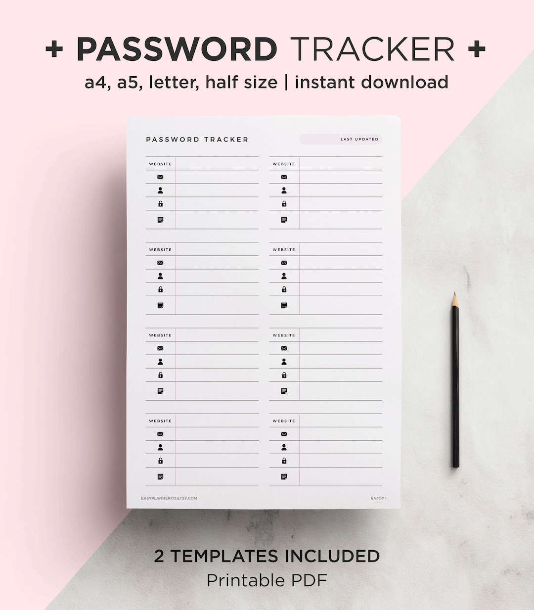 Password Book Printable PDF Half A5 A4 Letter Planner Insert - Etsy