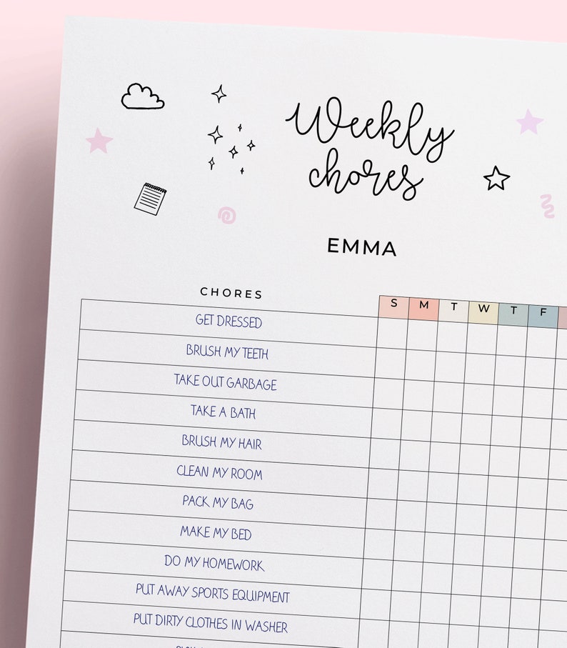 Chore Chart for Kids, Printable Chore Chart, Behavior Chart, Cute Kids ...