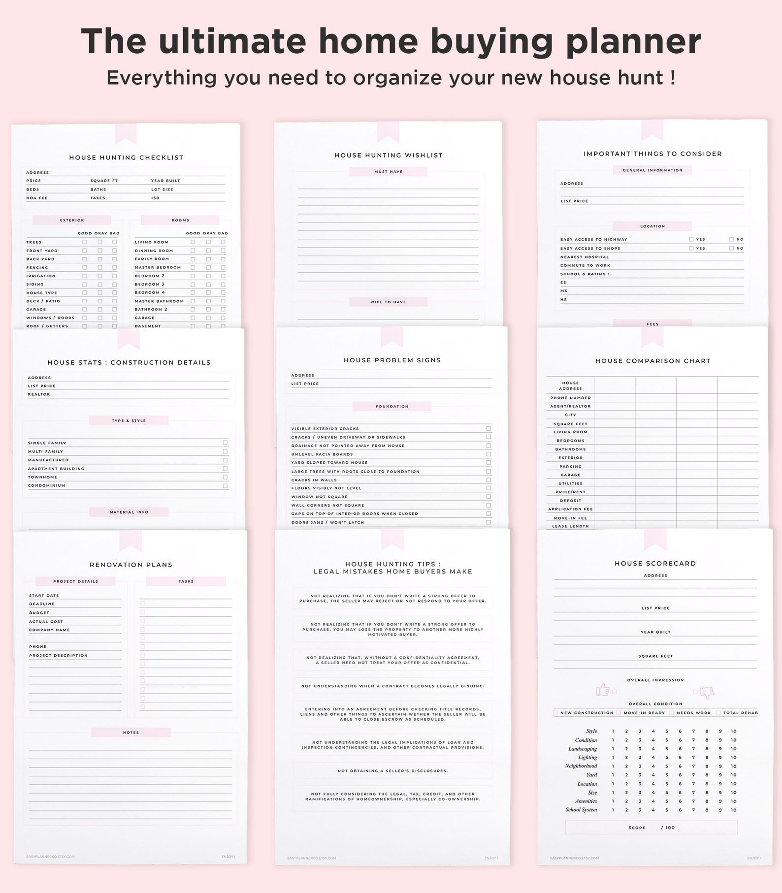 Home Buying Planner, Real Estate House Hunting Checklist, Home Buying ...
