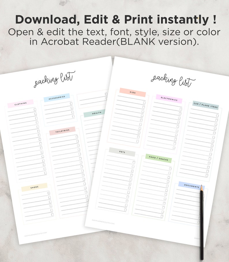 Packing List Editable, Travel Packing List, Printable Packing Checklist ...