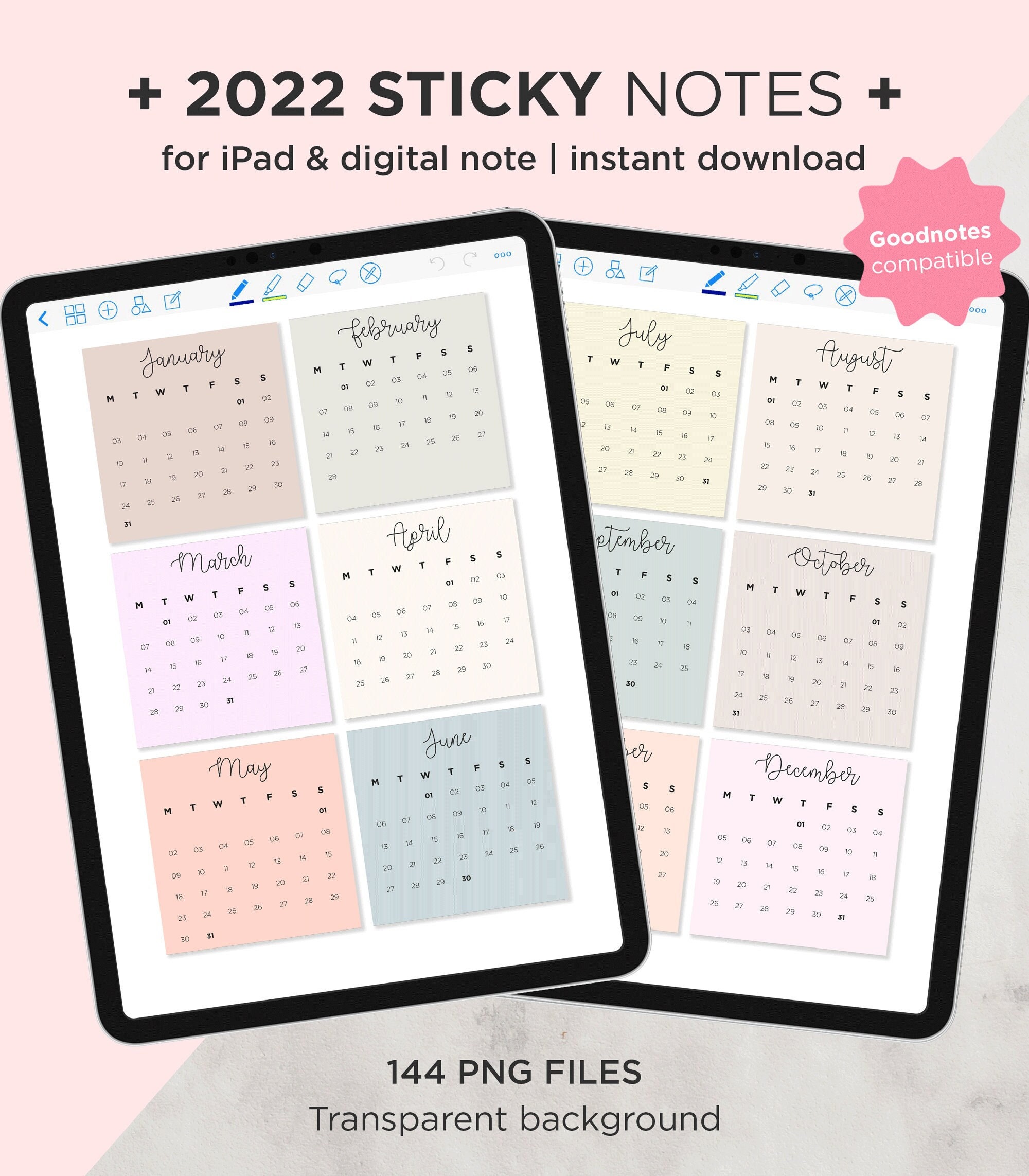 2022 Calendar Sticky Notes Digital Planner Goodnotes | Etsy