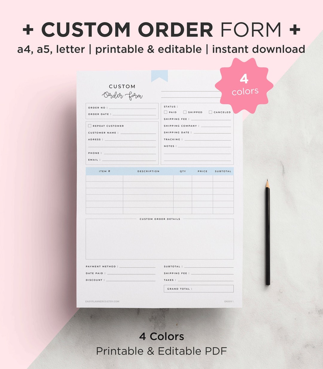 Custom Order Form Editable Template Letter A4 A5 Inserts - Etsy