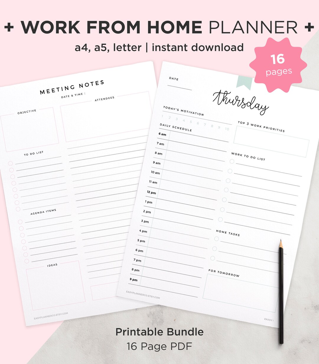 Work From Home Planner, Planner Home Business, Daily Work Planner, Home ...