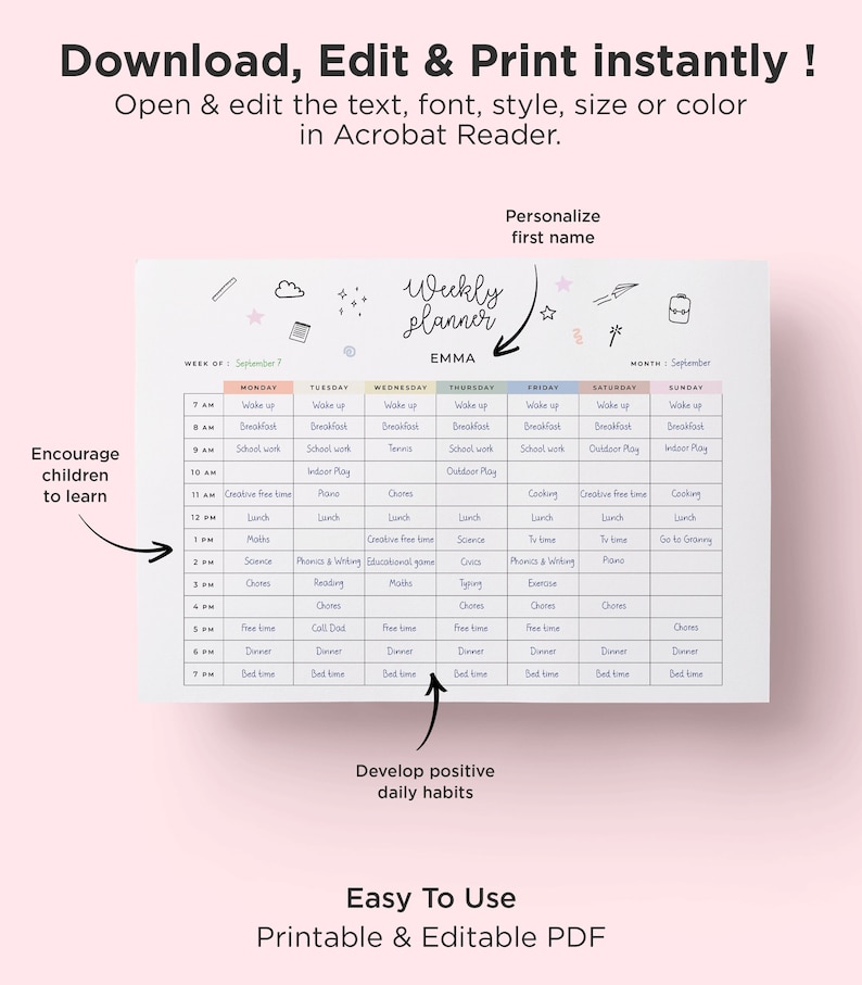 Kids Home School Schedule, Editable Kids Weekly Planner, Family ...