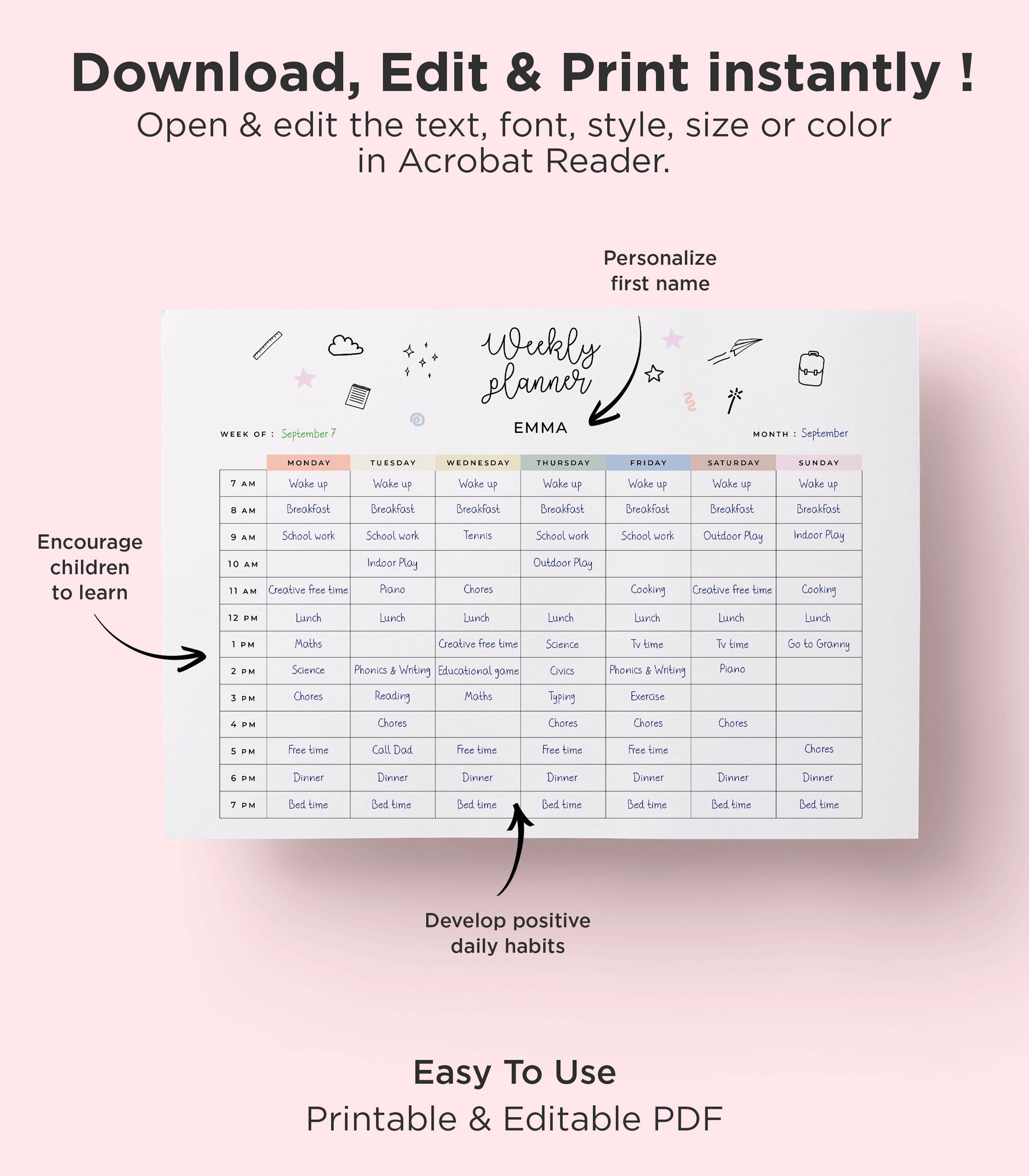 Kids Home School Schedule, Editable Kids Weekly Planner, Family ...