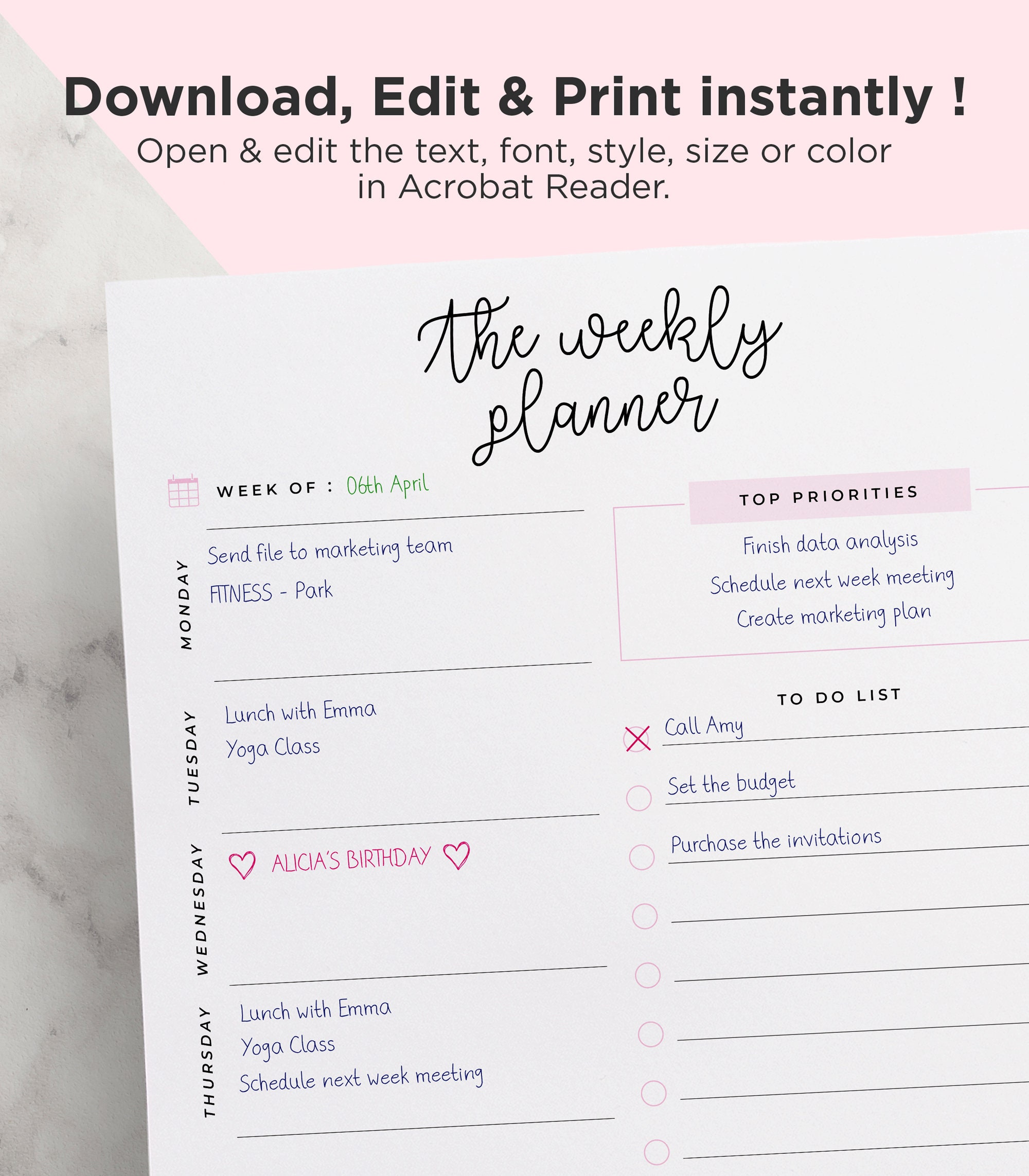 Fillable Weekly Planner Printable Weekly Planner Pages - Etsy