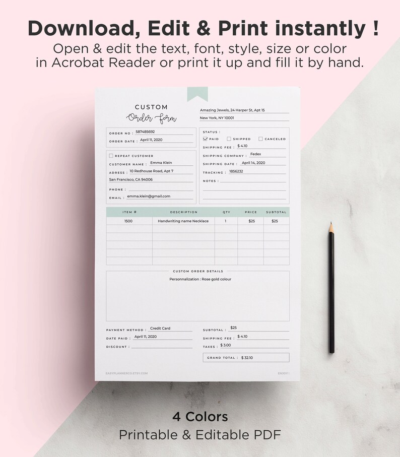 Custom Order Form Editable Template Letter A4 A5 Inserts - Etsy