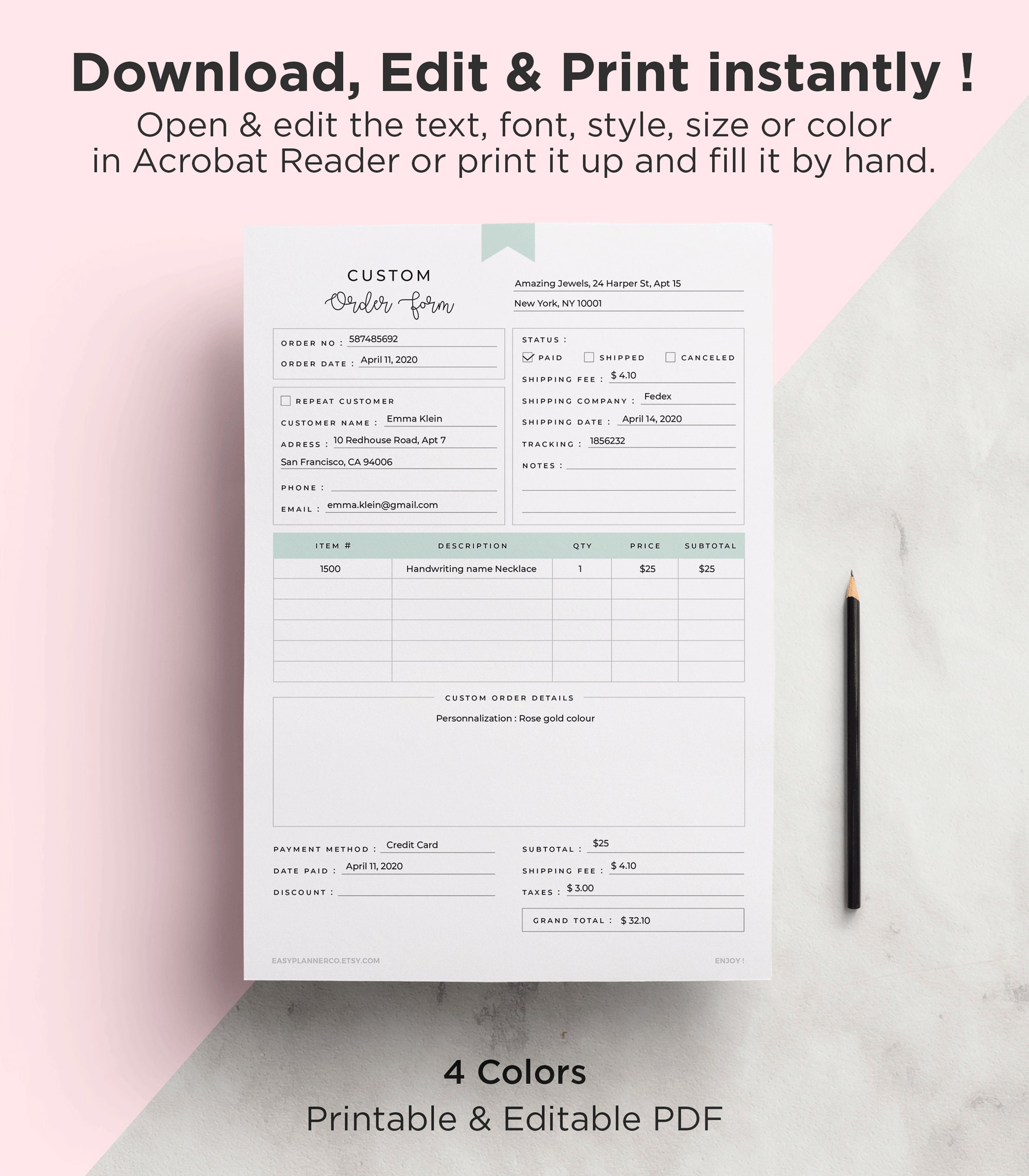 Custom Order Form Editable Template Letter A4 A5 Inserts - Etsy