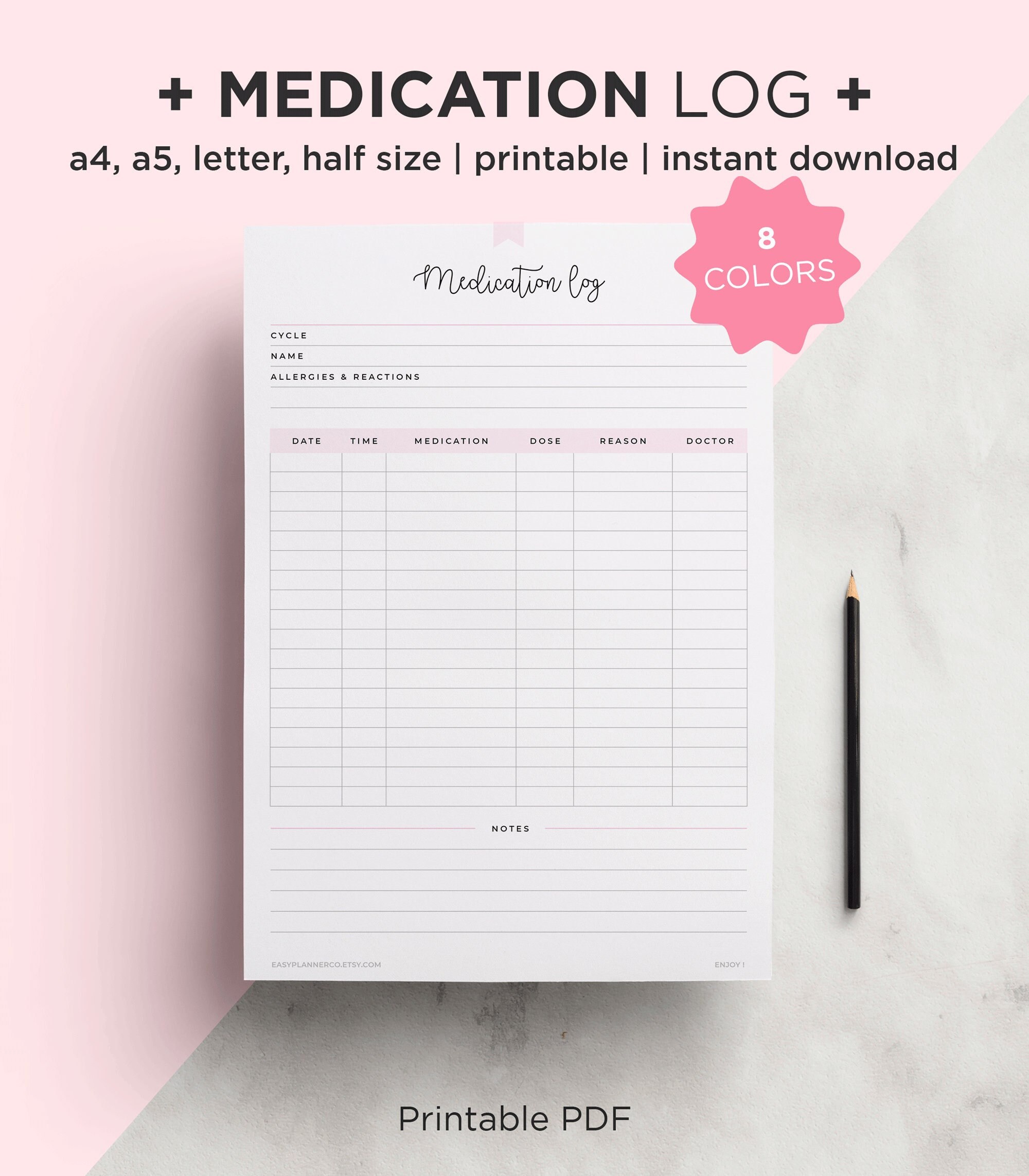 Printable Medication Tracker, Medication Log Half Letter A4 A5 Inserts ...