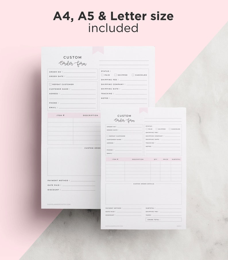 Custom Order Form Editable Template Letter A4 A5 Inserts - Etsy