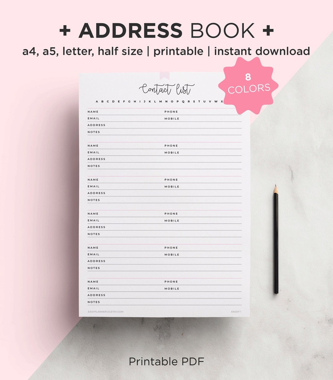 Address Book Printable, Half Letter A4 A5 Planner Inserts - Etsy