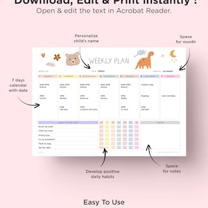 Editable Kids Weekly Planner, Kids Weekly Chores, Kids Printable ...