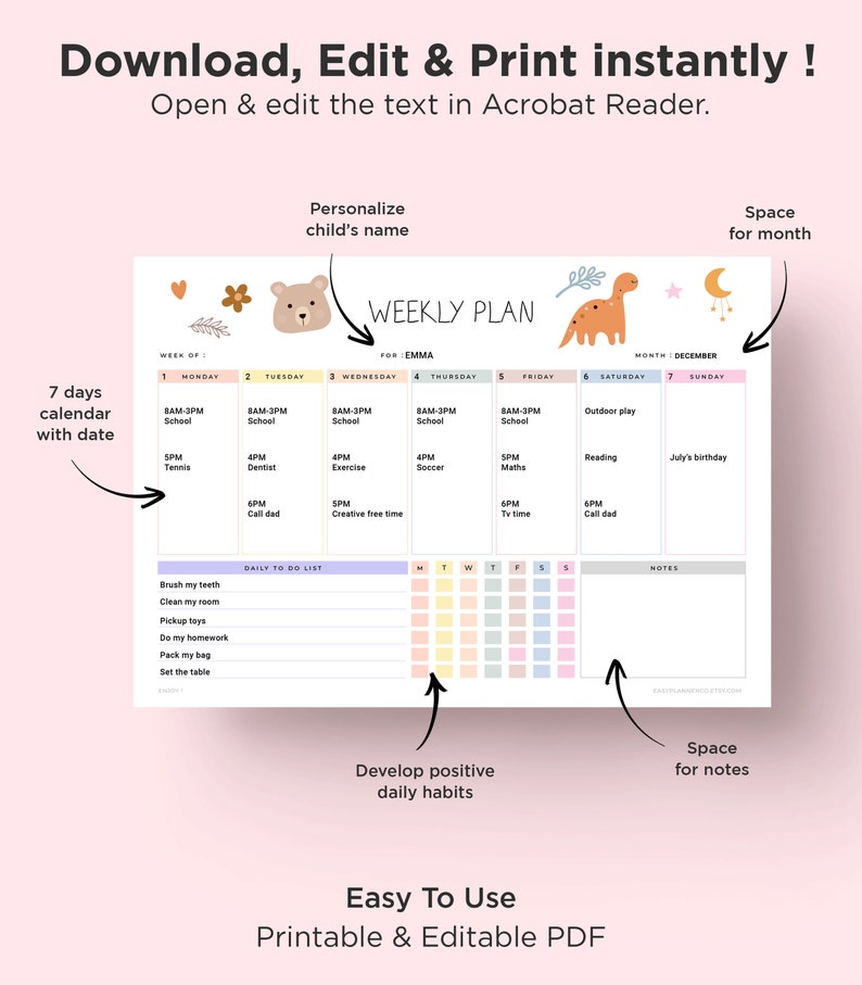 Editable Kids Weekly Planner, Kids Weekly Chores, Kids Printable ...