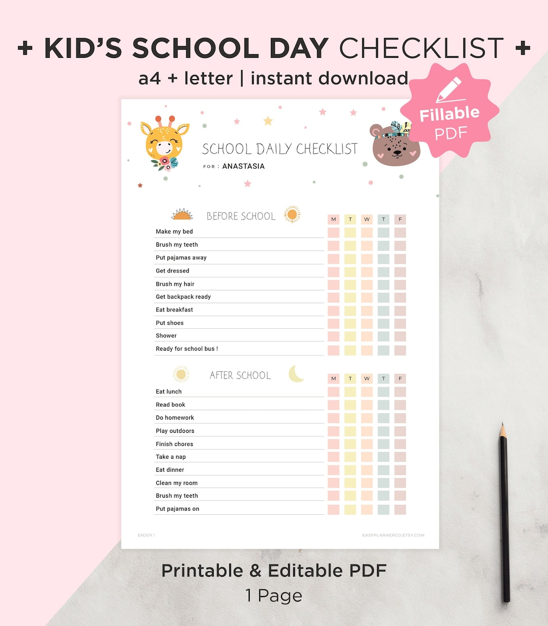 Editable Kids School Daily Checklist, Kids Responsibility Chart, School ...