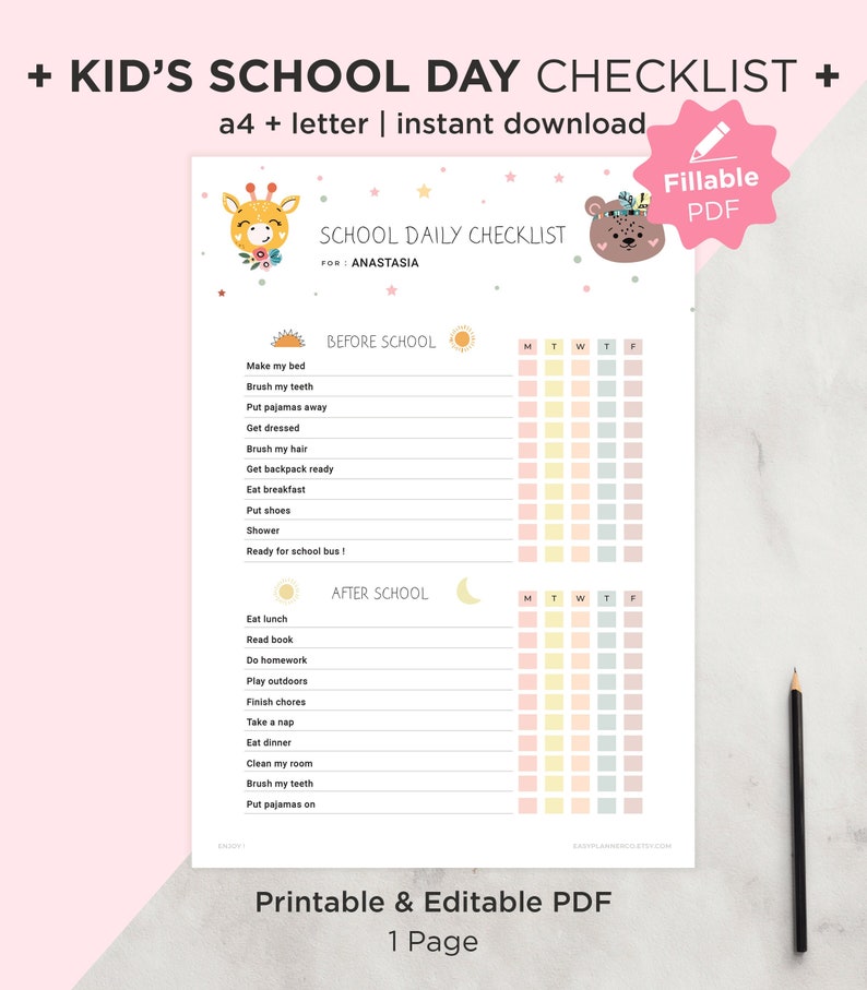 Editable Kids School Daily Checklist, Kids Responsibility Chart, School ...