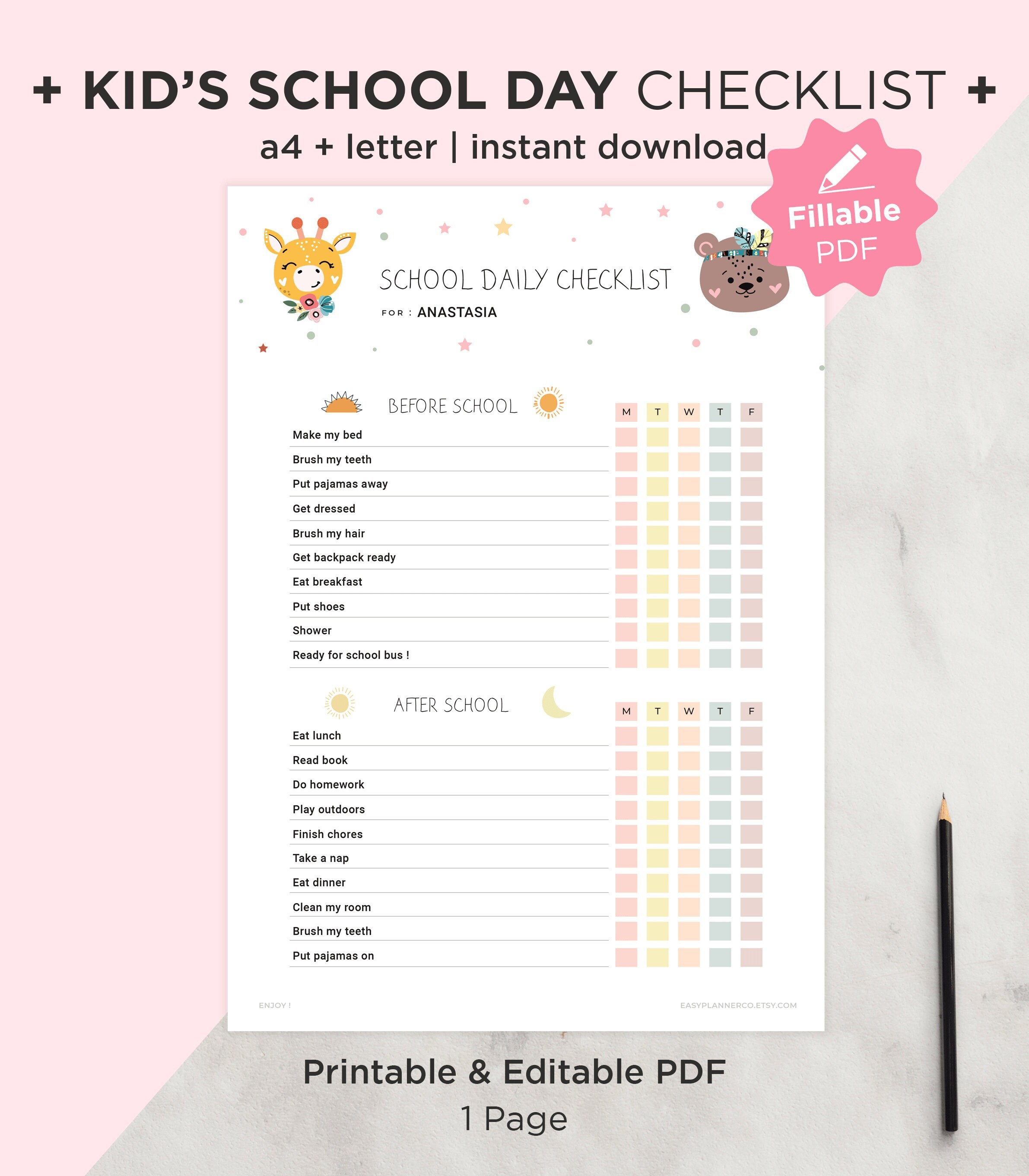 Editable Kids School Daily Checklist, Kids Responsibility Chart, School ...