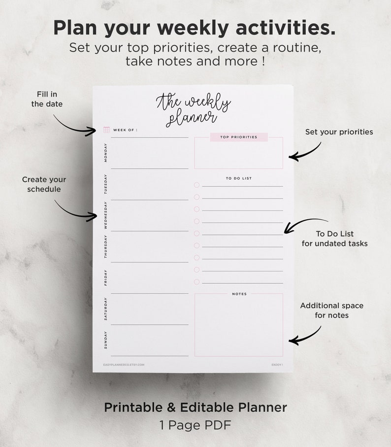 Fillable Weekly Planner Printable, Weekly Planner Pages, Weekly ...