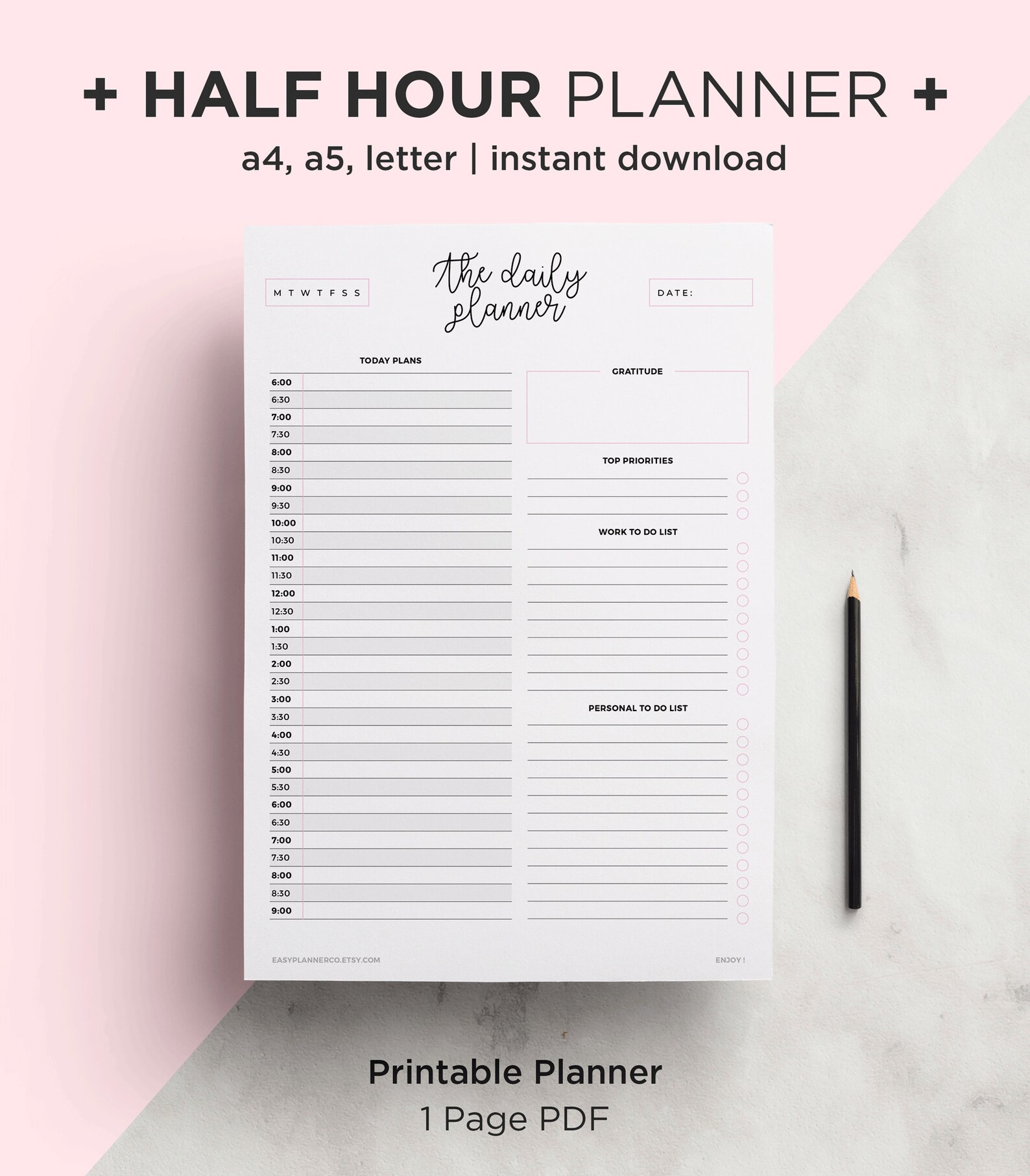 Daily Planner Printable Half Hour, Printable to Do List, Daily Planner ...